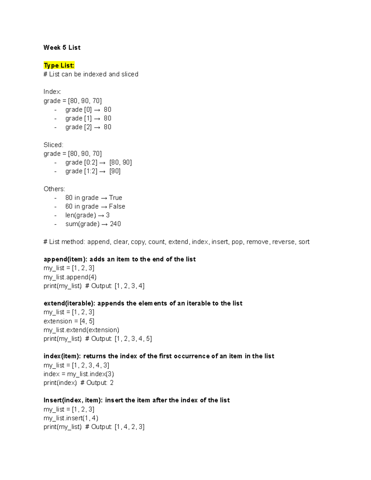 CSC108 Midterm Review - note - Week 5 List Type List: List can be indexed and sliced Index ...