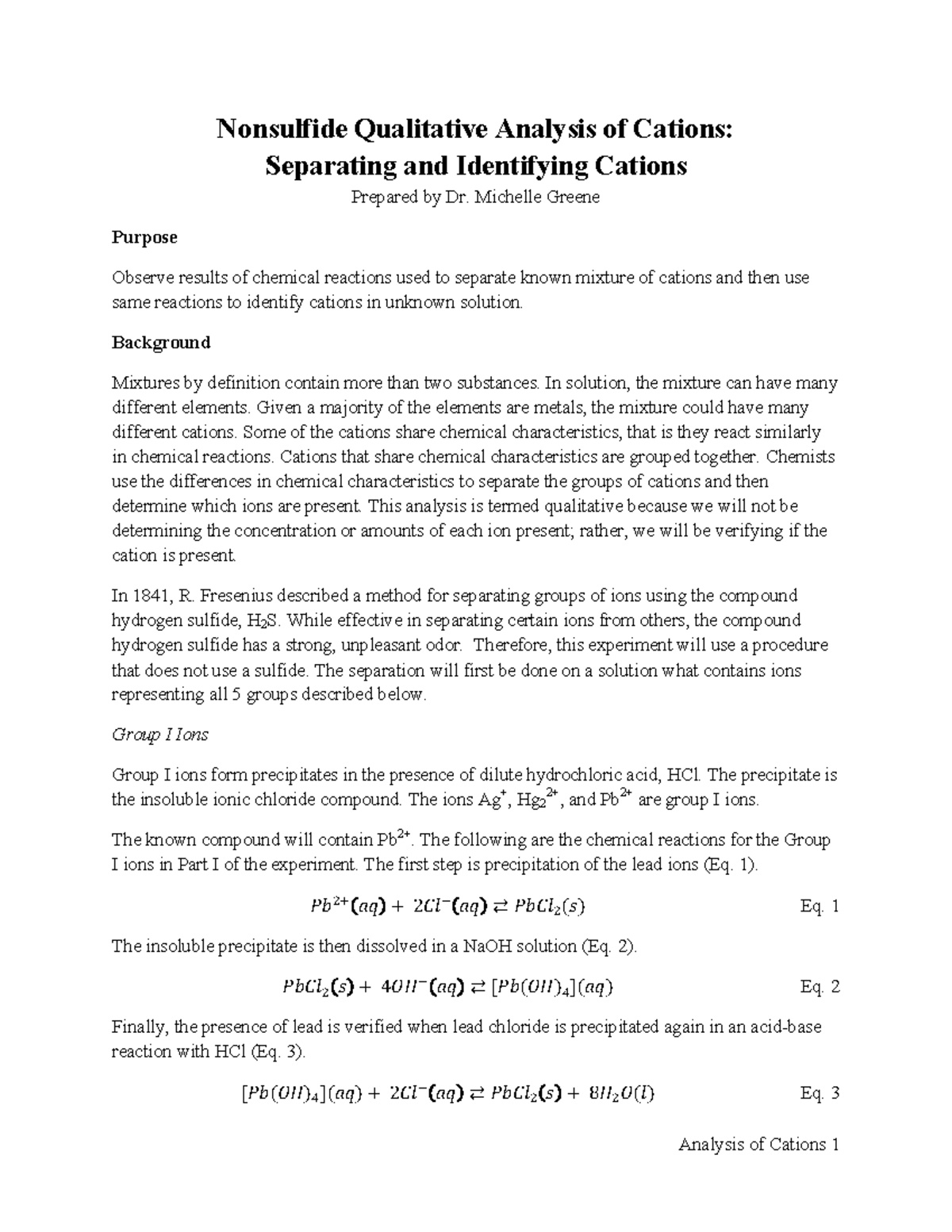 Exp1-Analysis of Cations - Nonsulfide Qualitative Analysis of Cations ...