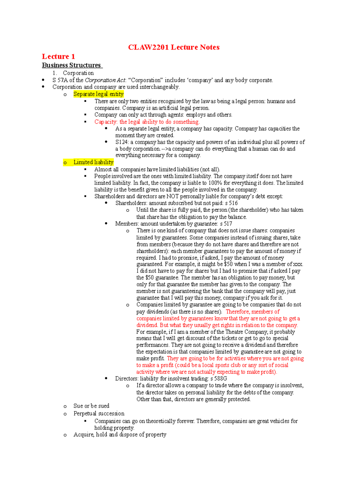 CLAW2201 Lecture Notes - CLAW2201 Lecture Notes Lecture 1 Business ...
