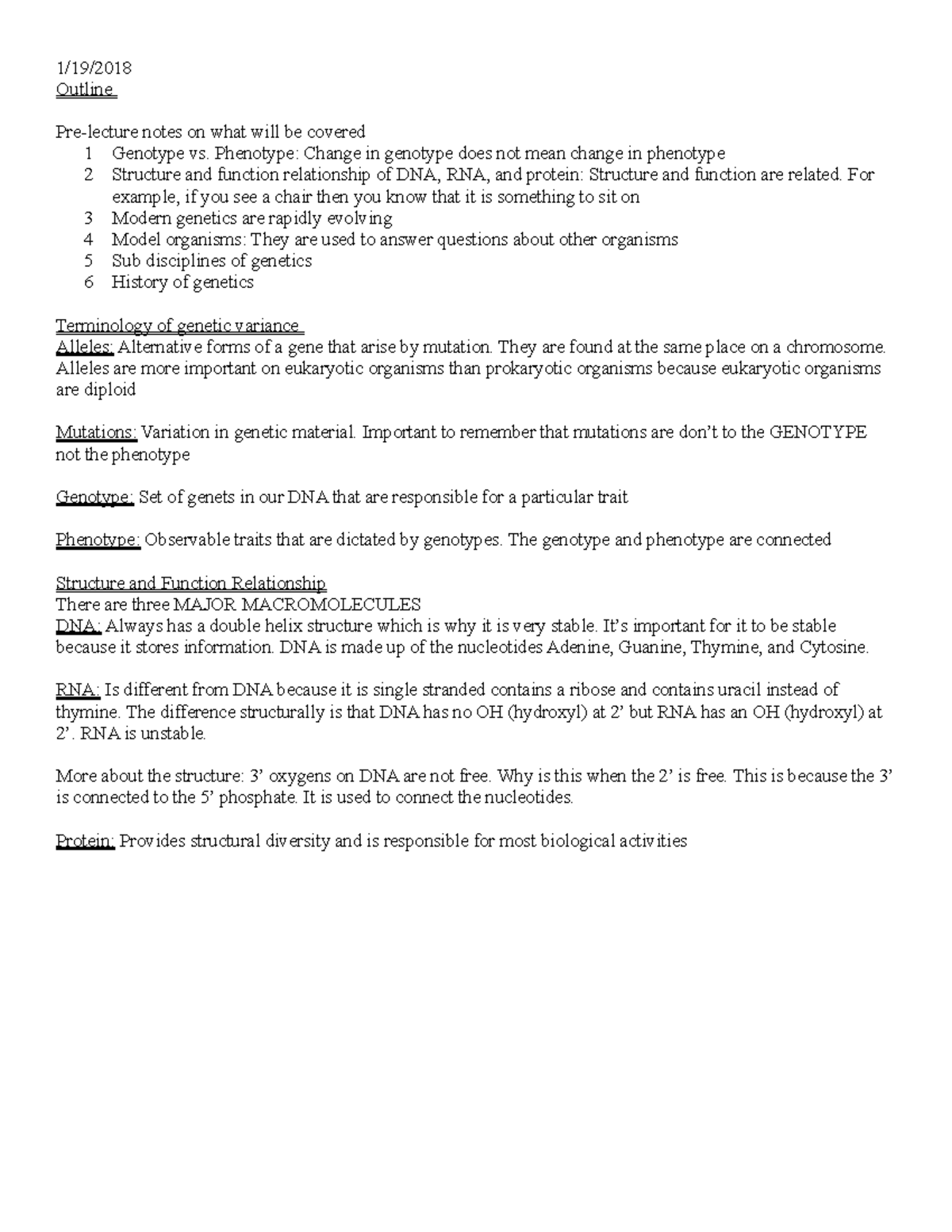 Exam 1 Notes Genetics - 1/19/2018 Outline Pre-lecture notes on what ...