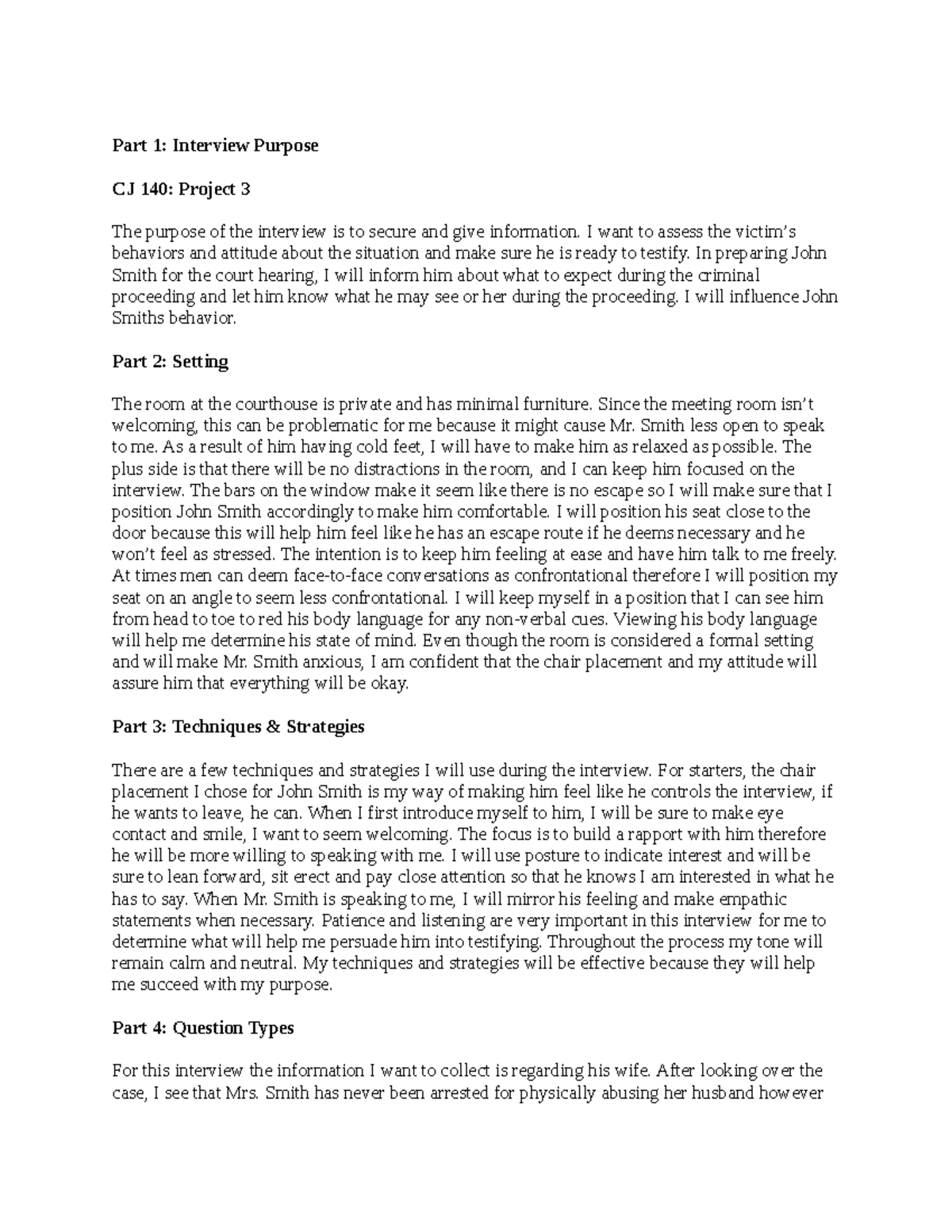 Project 3 - school - Part 1: Interview Purpose CJ 140: Project 3 The ...