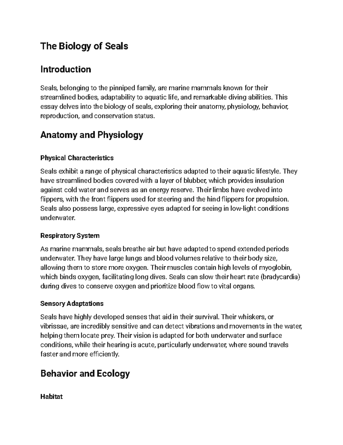 Biology of Seals - The Biology of Seals Introduction Seals, belonging to the pinniped family ...