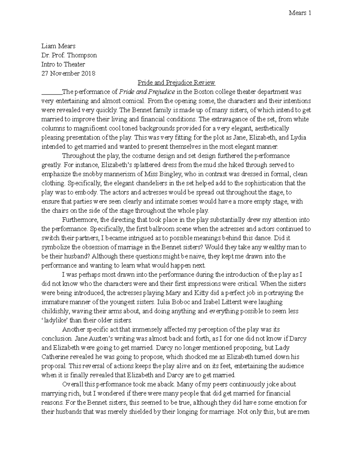 Play review #2 - Mears 1 Liam Mears Dr. Prof. Thompson Intro to Theater ...