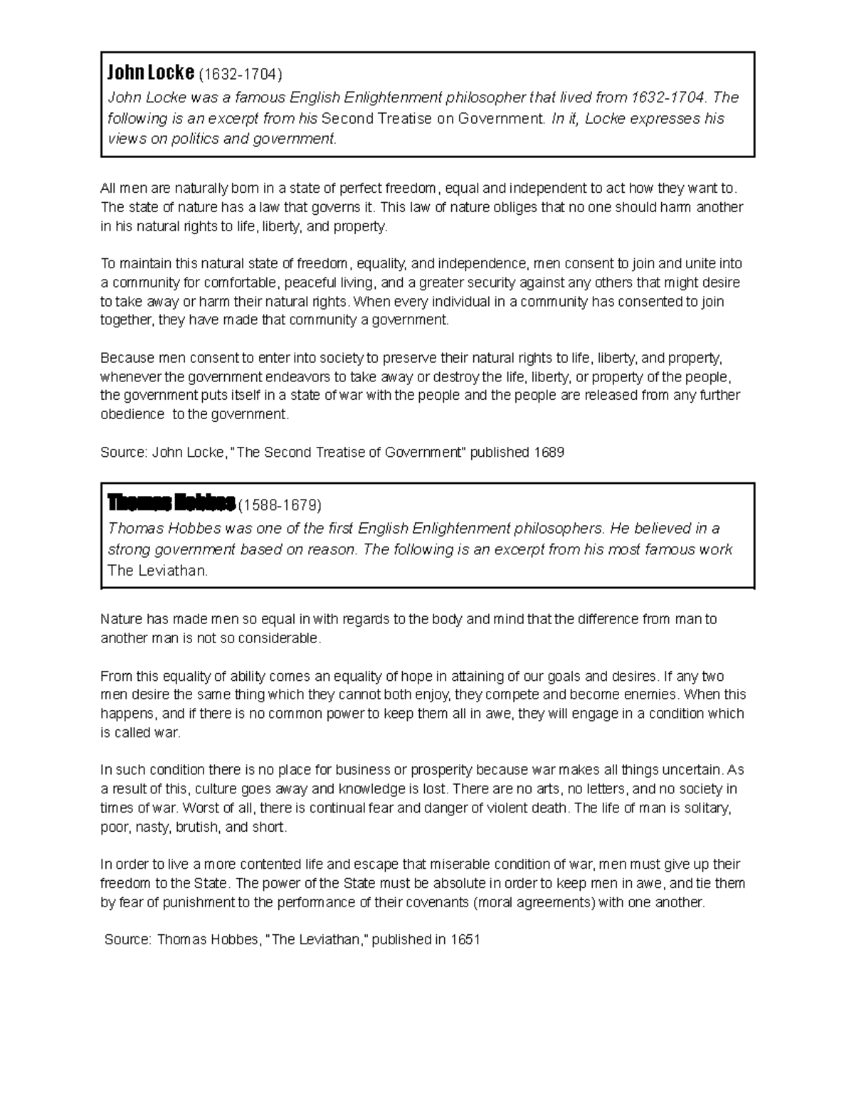 5.1 Enlightenment Philosophers Primary Sources - John Locke (1632-1704 ...