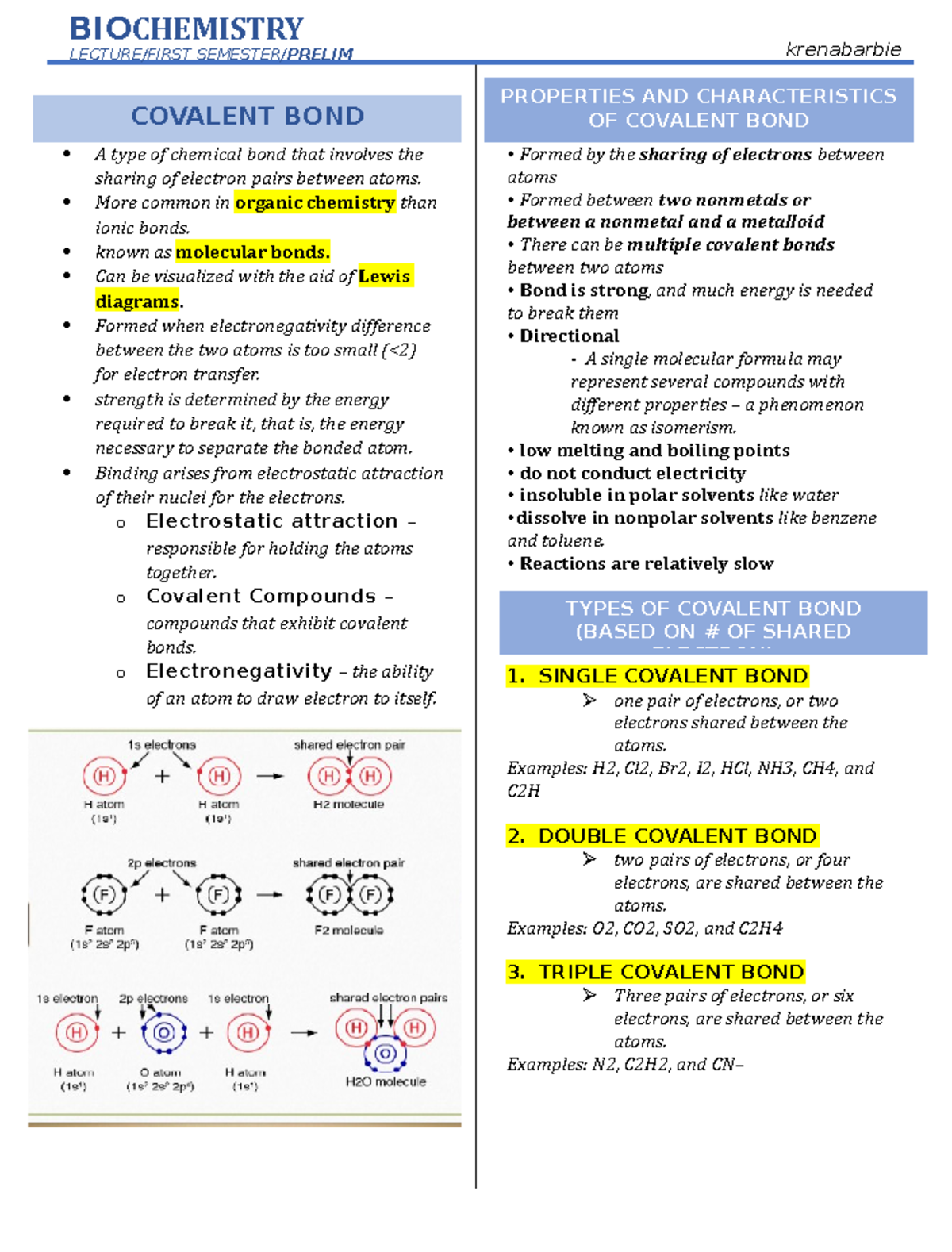 Biochem Notes - A type of chemical bond that involves the sharing of ...