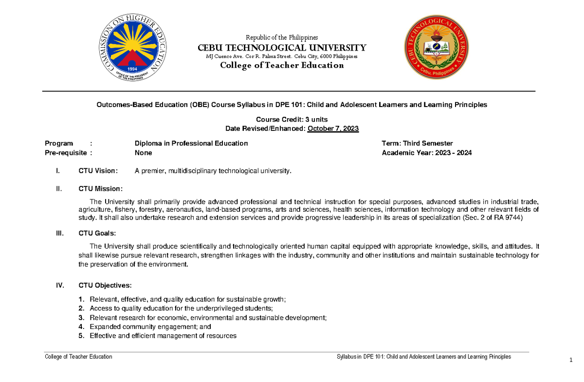 OBE Course Syllabus in DPE 101 - CTU Vision: A premier ...