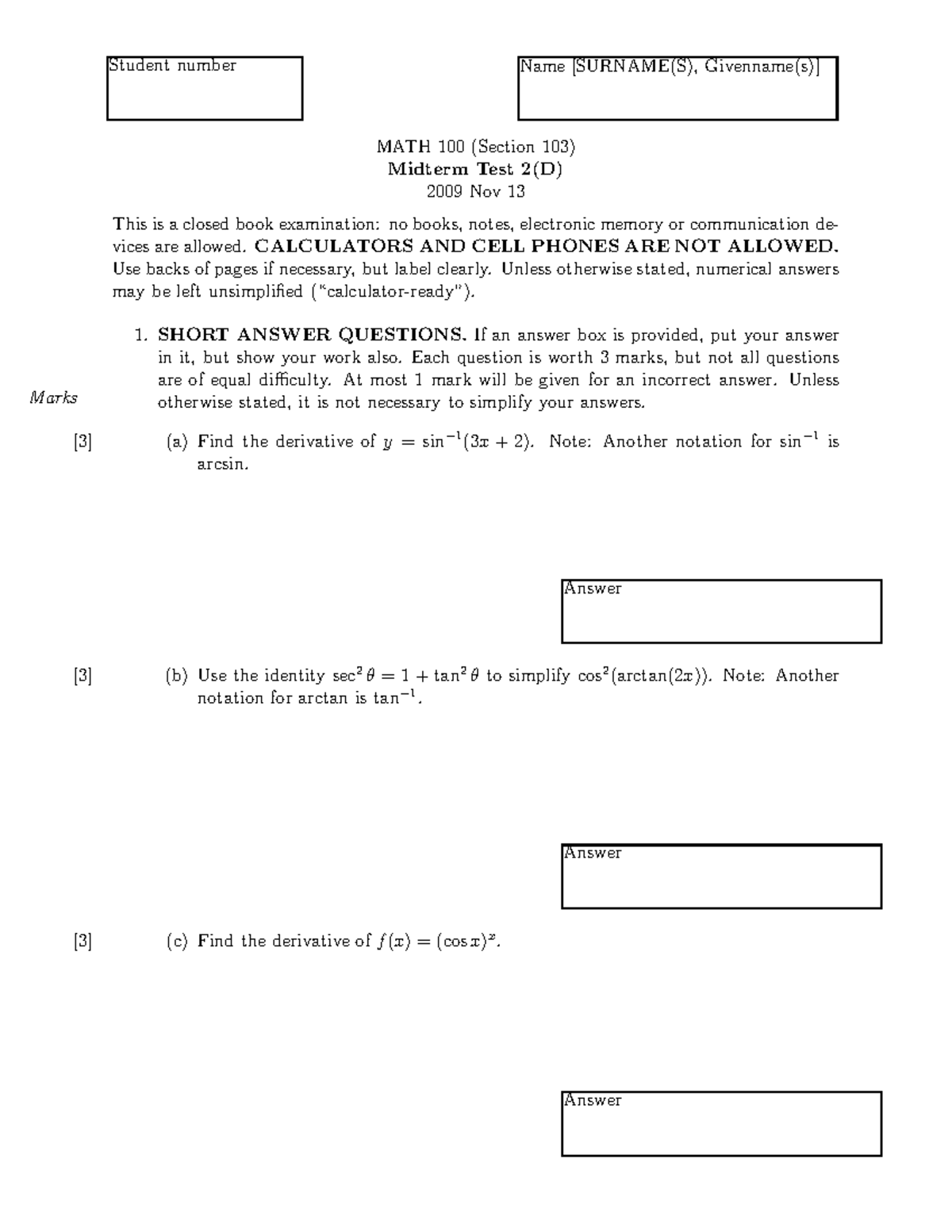 Sample/practice exam November 2009, questions - Student number Name ...