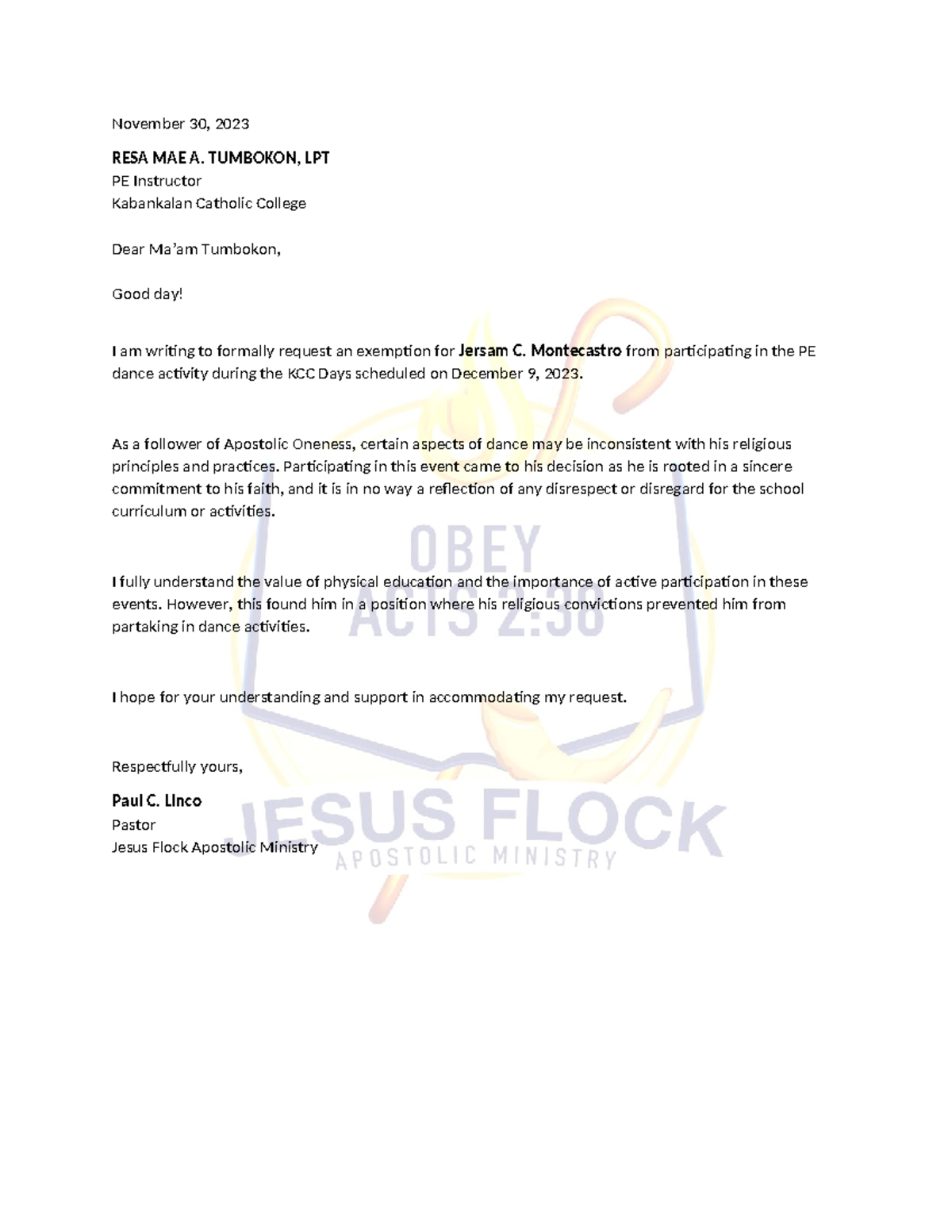 Request letter PE excemptions - November 30, 2023 RESA MAE A. TUMBOKON ...