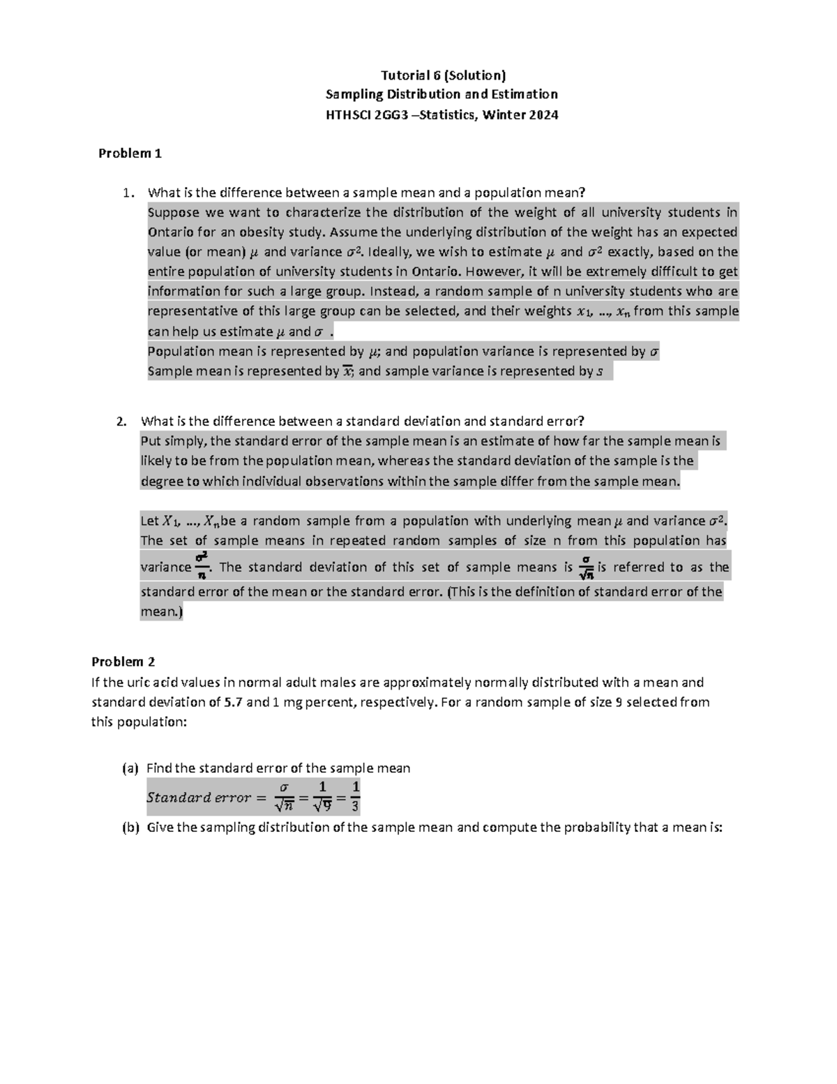 Tutorial 6 - Chapter 6-Estimation- Solutions - likely to be from the population mean, whereas ...