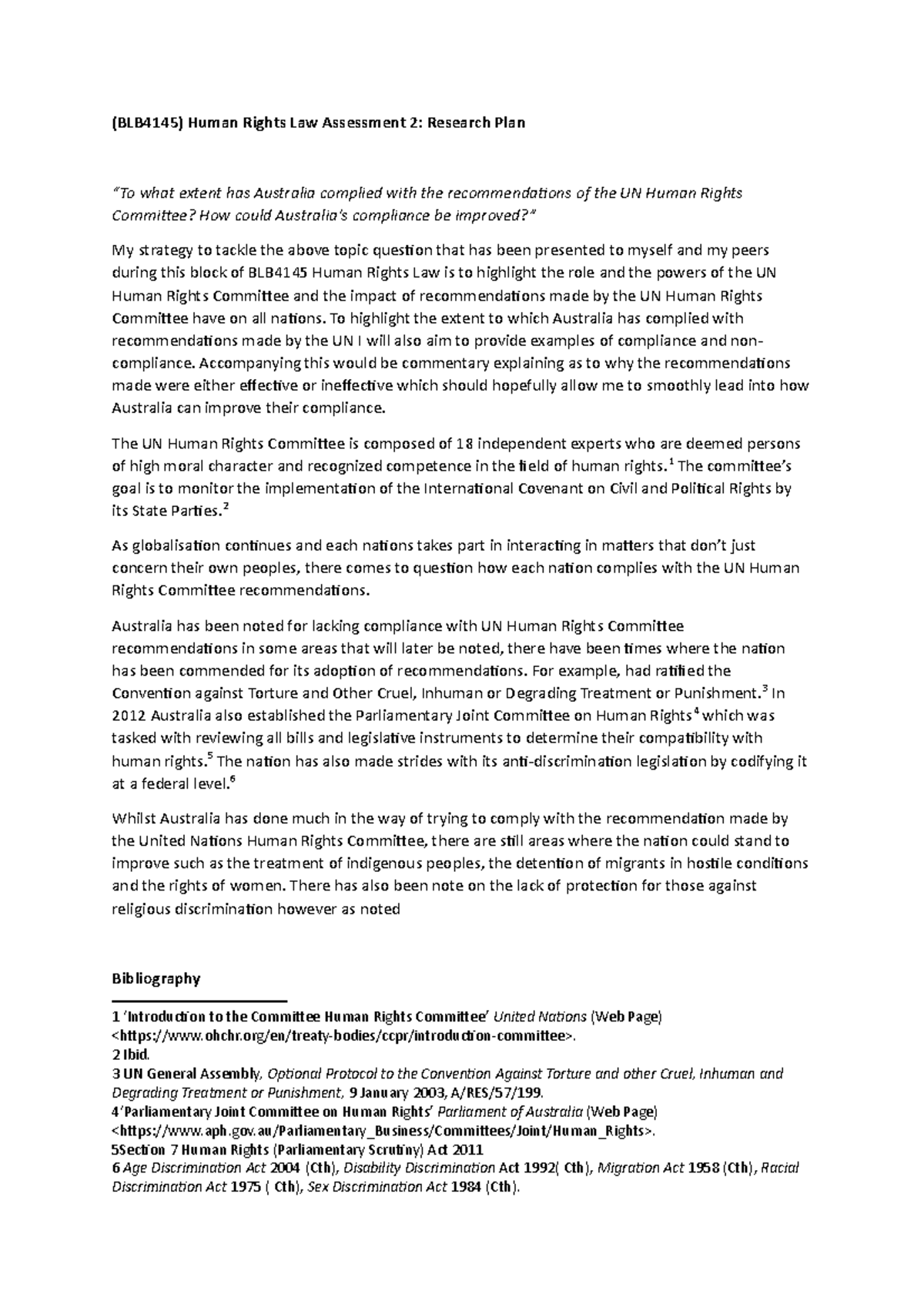 (BLB4145) Human Rights Law Assessment 2 Research Plan - To highlight ...