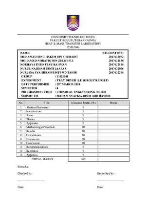 Drying practical report - Subject : CHEMICAL ENGINEEERING LABORATORY 2A ...