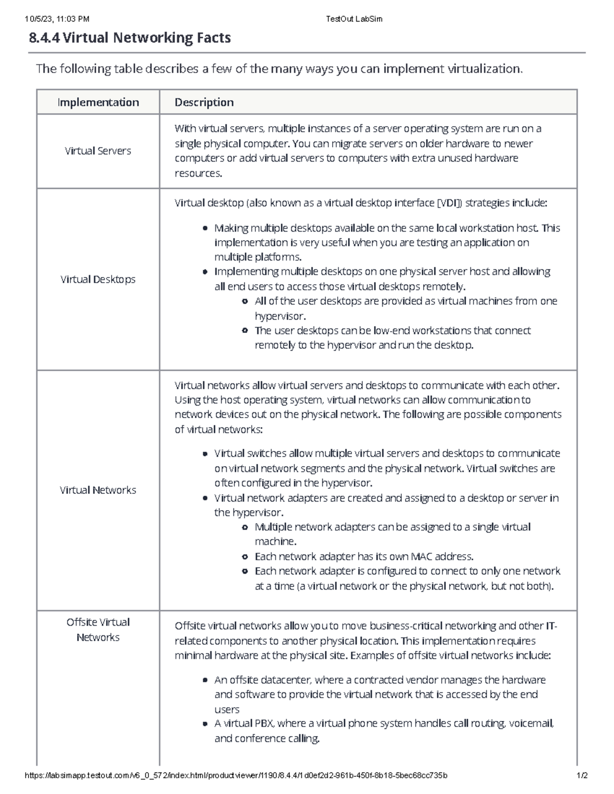 8.4.4 Virtual Networking Facts - 10/5/23, 11:03 PM TestOut LabSim - Studocu