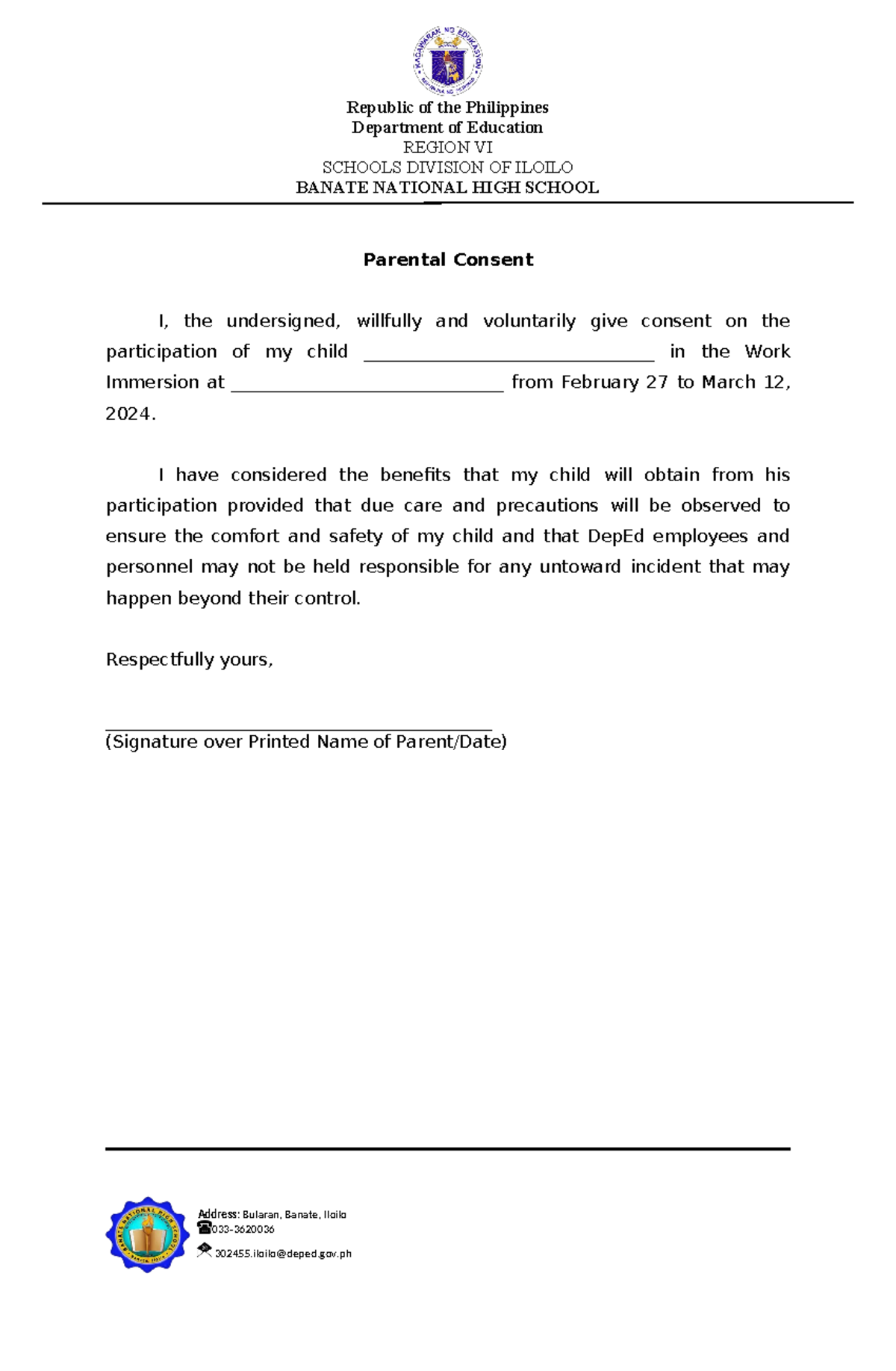 Sample Parent Consent Word - Republic of the Philippines Department of ...