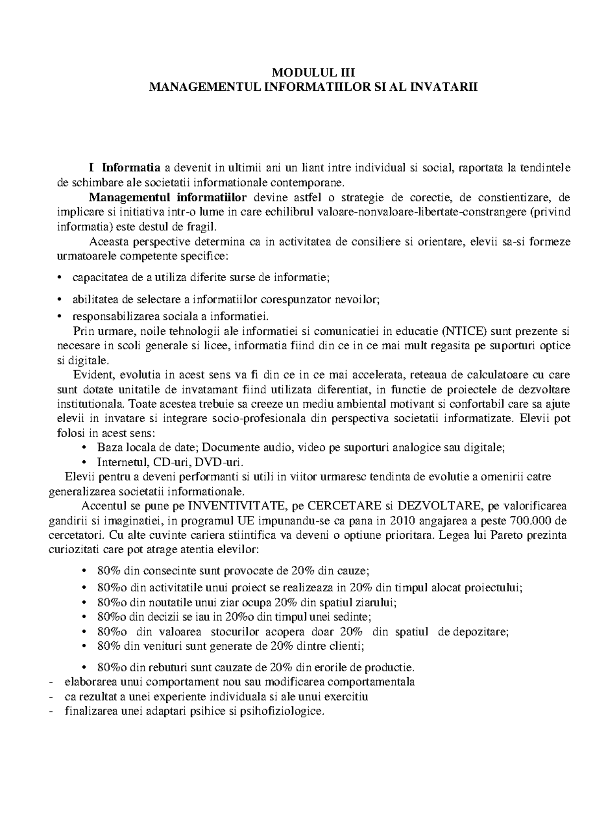 Managementul informatiilor - MODULUL III MANAGEMENTUL INFORMATIILOR SI ...