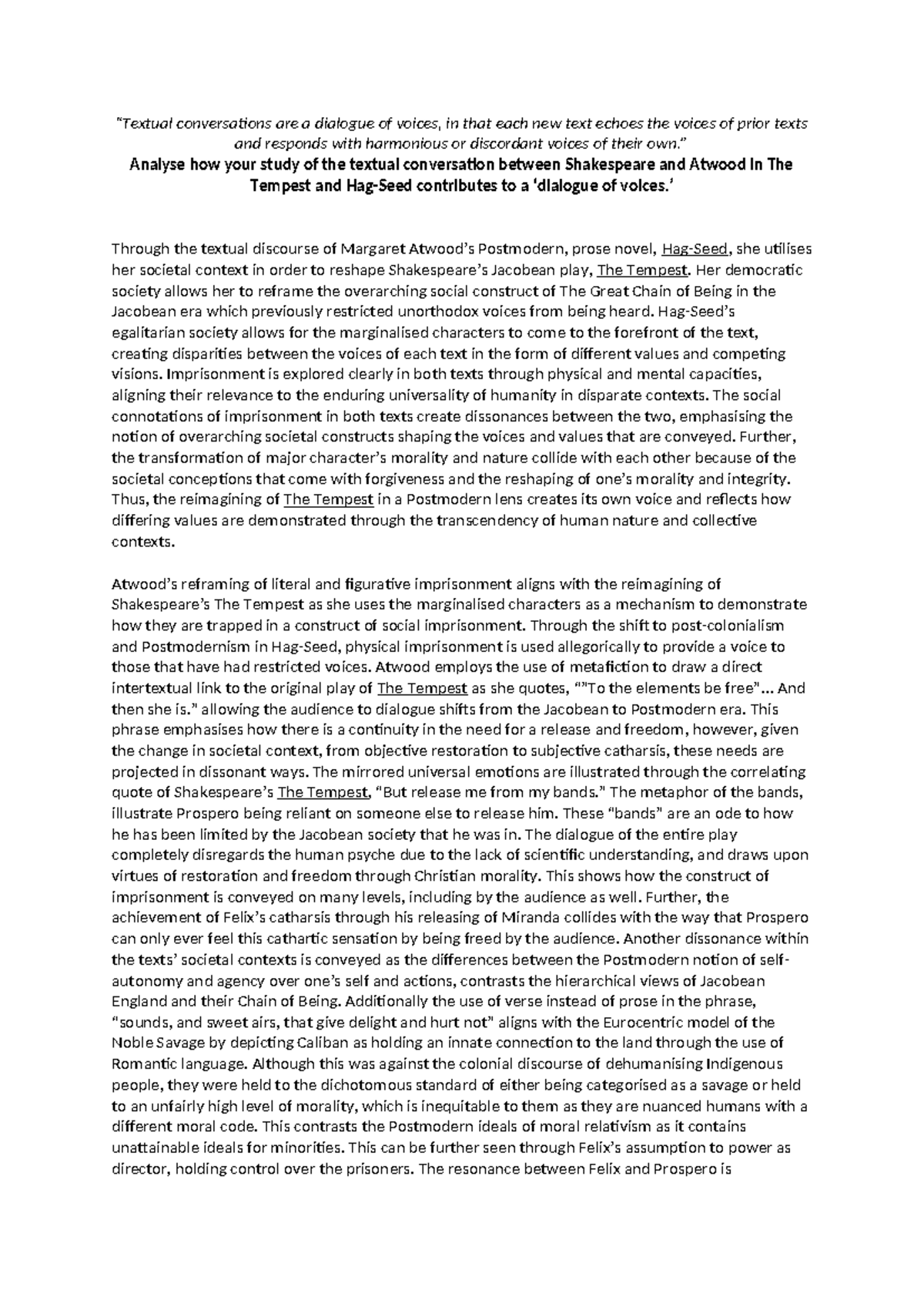 Module A Essay - Tempest and Hag Seed - “Textual conversations are a ...