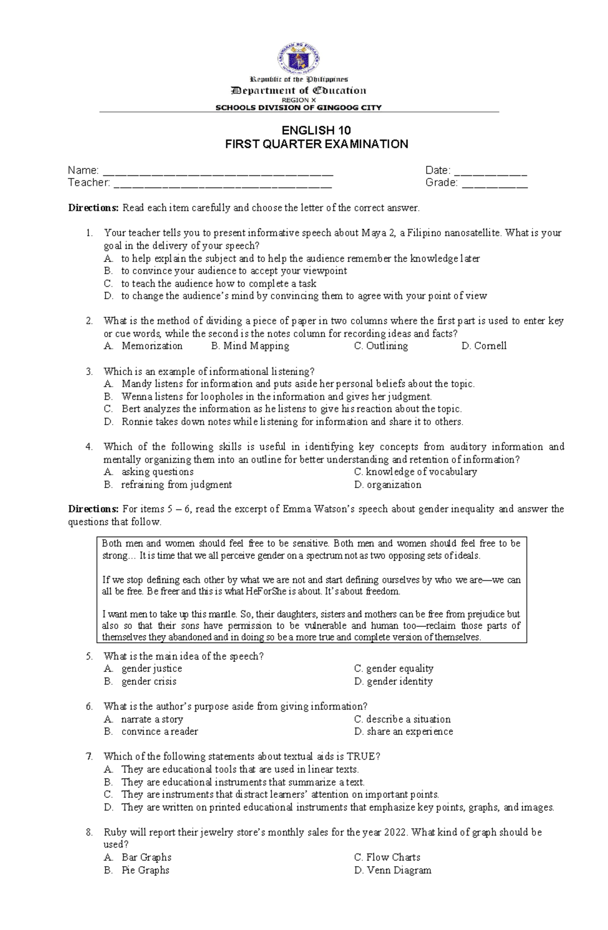 English-10-TEST-Q1 with answer - ENGLISH 10 FIRST QUARTER EXAMINATION ...
