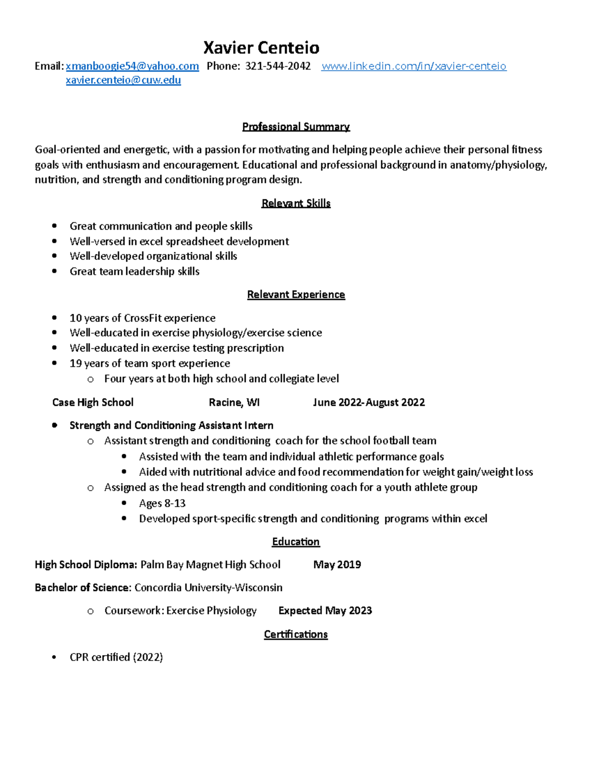 Current Resume - Professor Schmidt's Assignment - Xavier Centeio Email ...