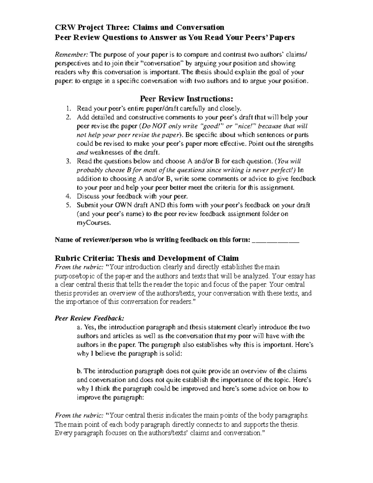 Peer Review Sheet Project 3 Claimsand Conversation - CRW Project Three ...
