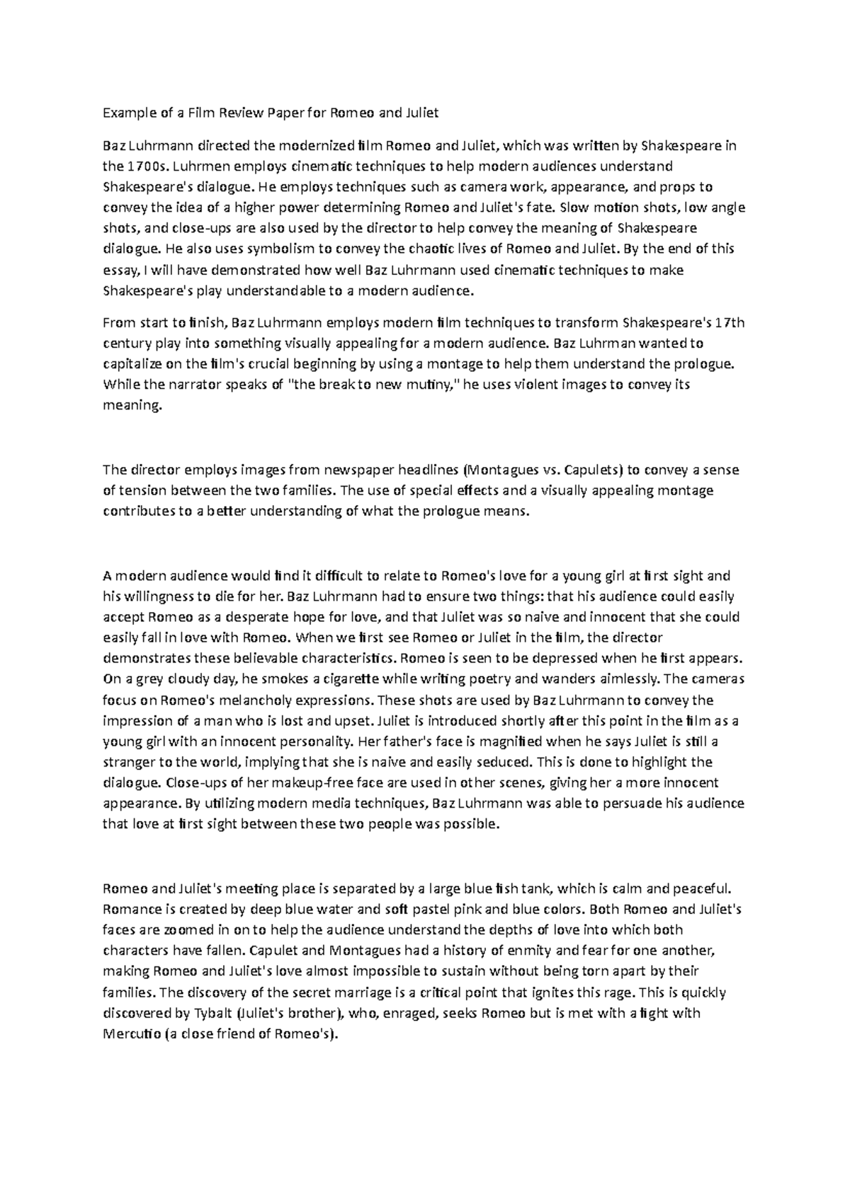 Example of a Film Review Paper for Romeo and Juliet - Luhrmen employs ...
