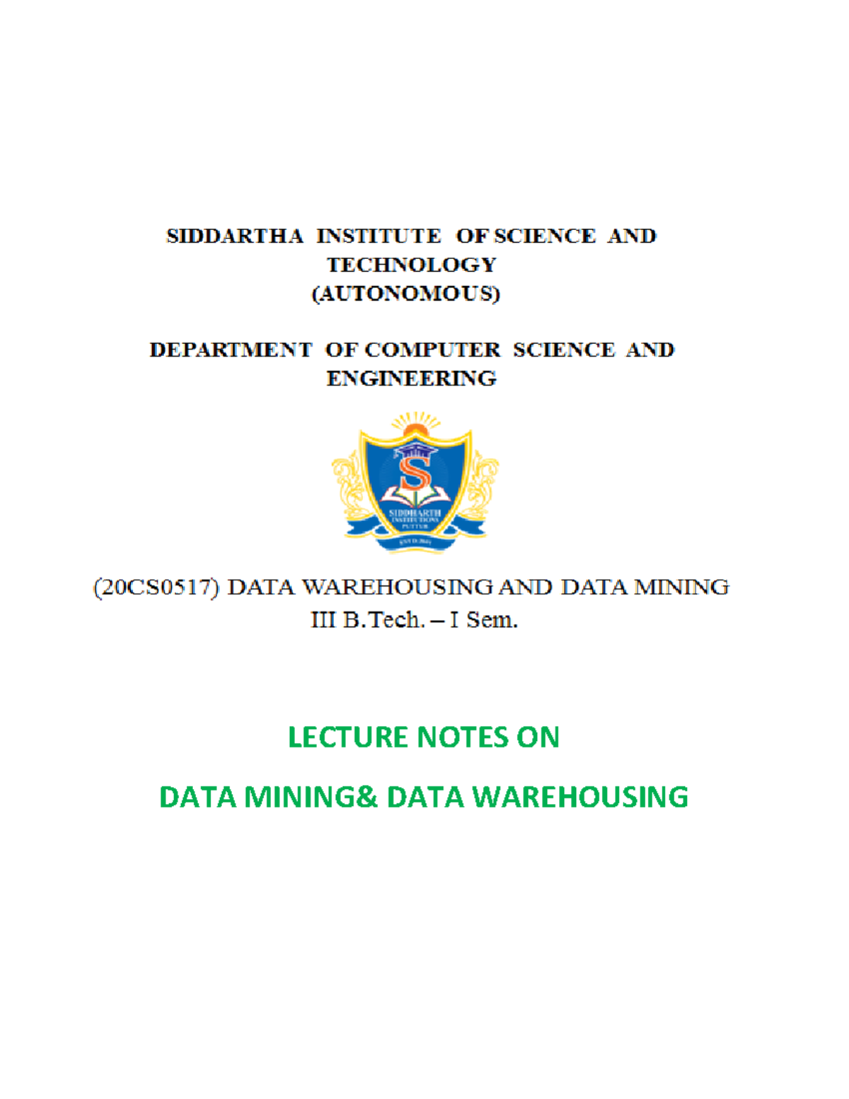 DWDM Notes - self learn - LECTURE NOTES ON DATA MINING& DATA ...