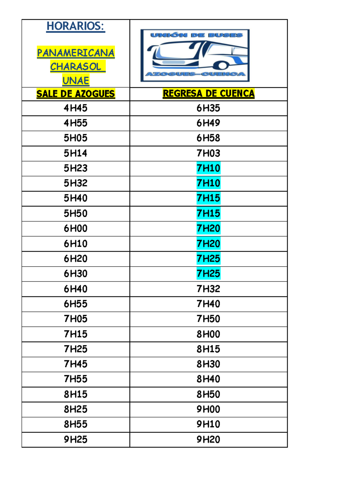 H. UNAE - ... - HORARIOS: PANAMERICANA CHARASOL UNAE 4H 45 6H SALE DE ...