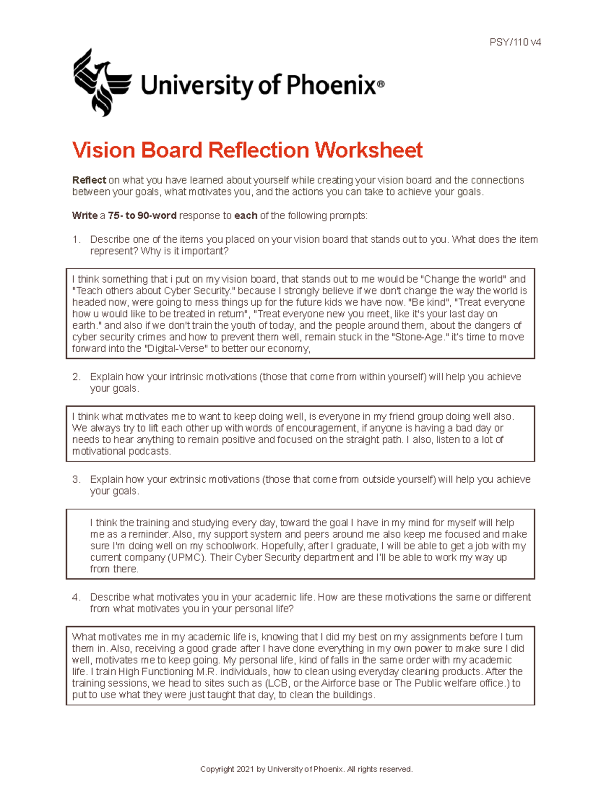 Psy110 v4 wk5 vision board reflection worksheet 2 - HUM 115 - UOPX ...