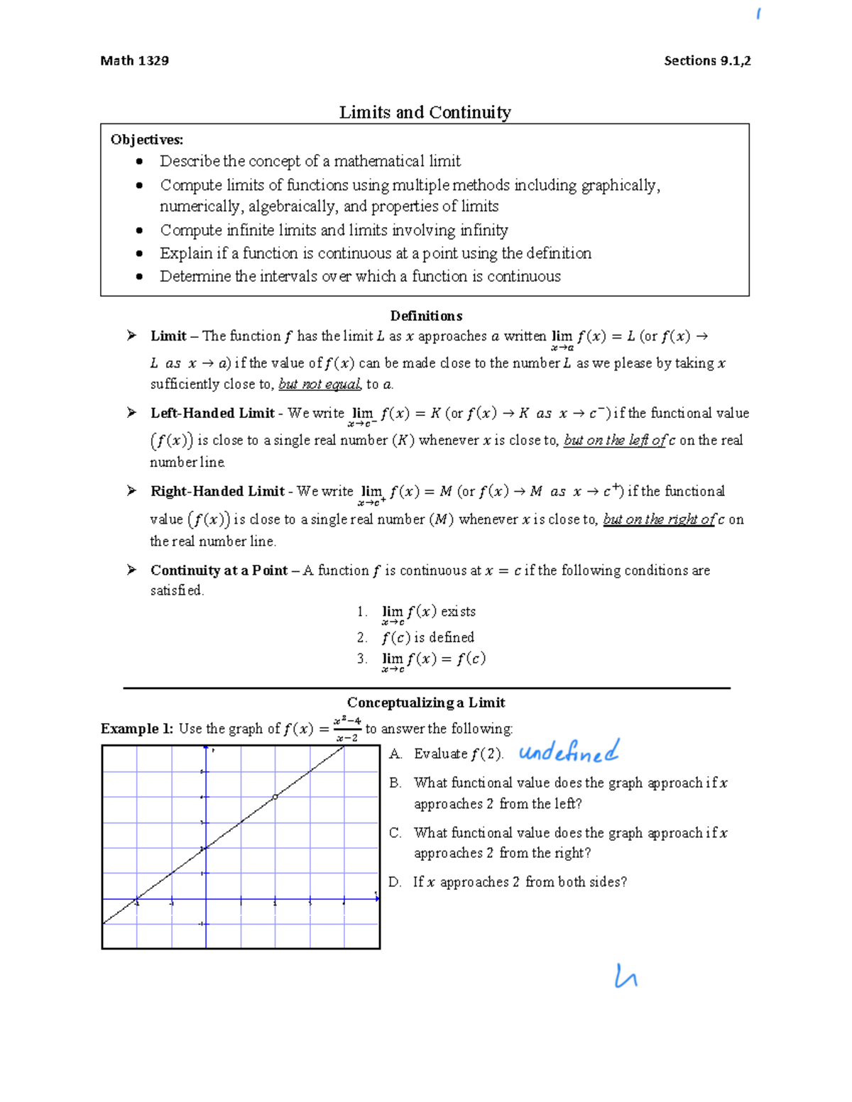 1329%20Chapter 9 - Limits and Continuity Definitions Limit – The function 𝑓𝑓 has the limit 𝐿𝐿 as ...