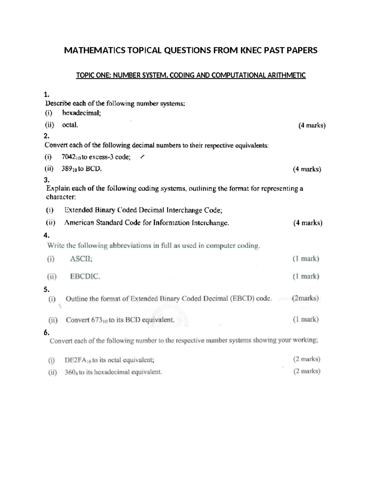 Topical questions - NOTES - MATHEMATICS TOPICAL QUESTIONS FROM KNEC ...
