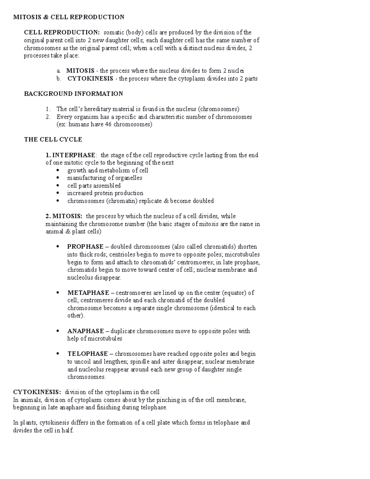Mitosis & Meiosis Notes - MITOSIS & CELL REPRODUCTION CELL REPRODUCTION ...