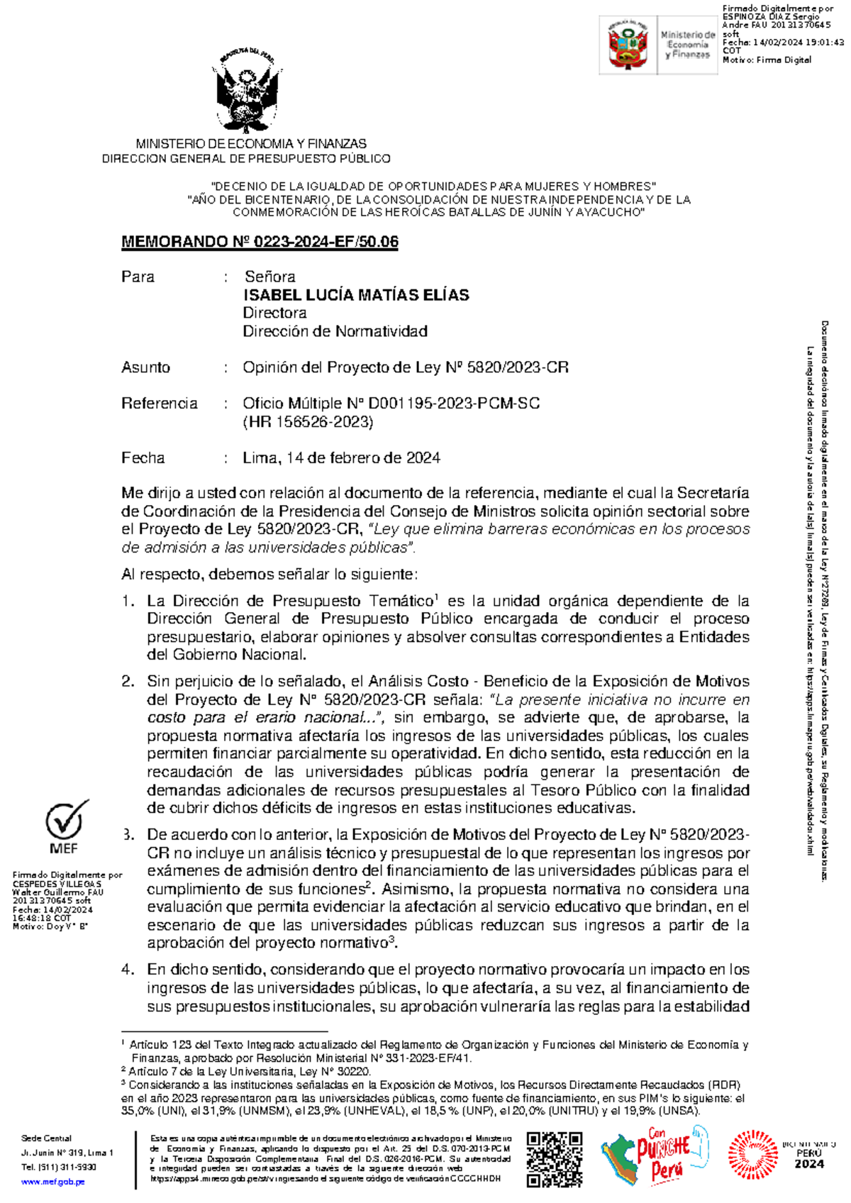 H.R 156526 2023 Memorando N 0223 2024 EF 50 - Esta es una copia ...