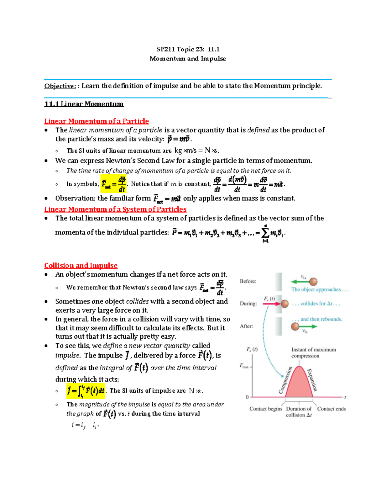 Topic 23;Momentum and Impulse - SP211 Topic 23: 11. Momentum and Impulse - Studocu