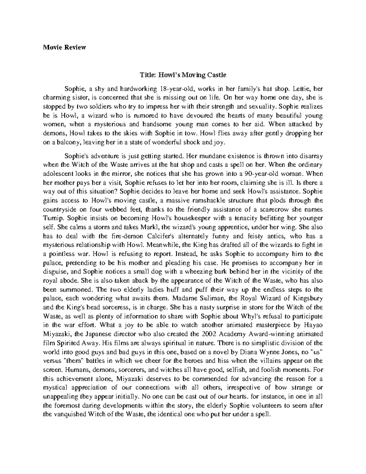 Howls Moving Castle - Movie Review Title: Howl’s Moving Castle Sophie ...