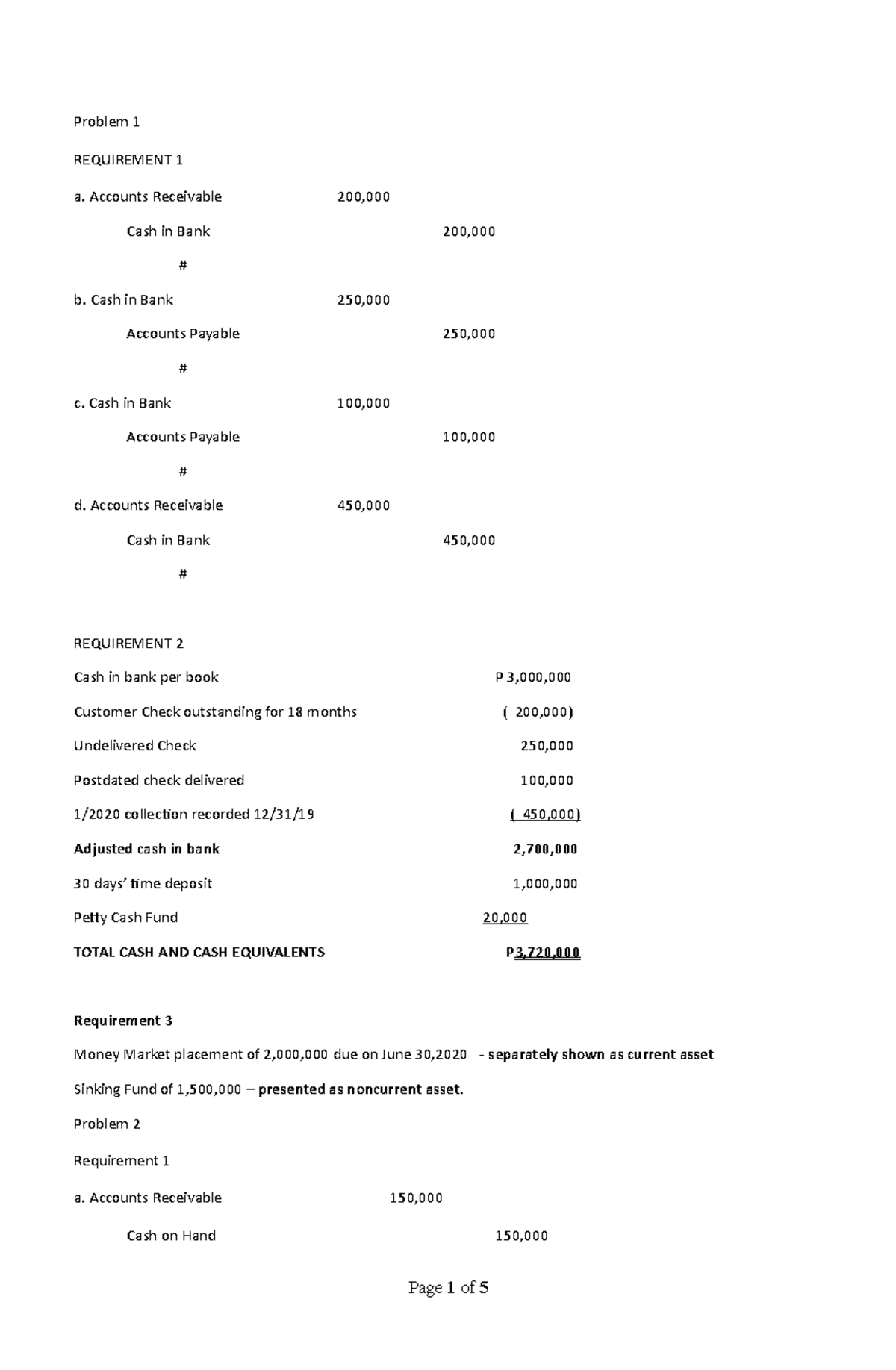 Problems 1 5 Cash and Cash Equivalents - Problem 1 REQUIREMENT 1 a ...