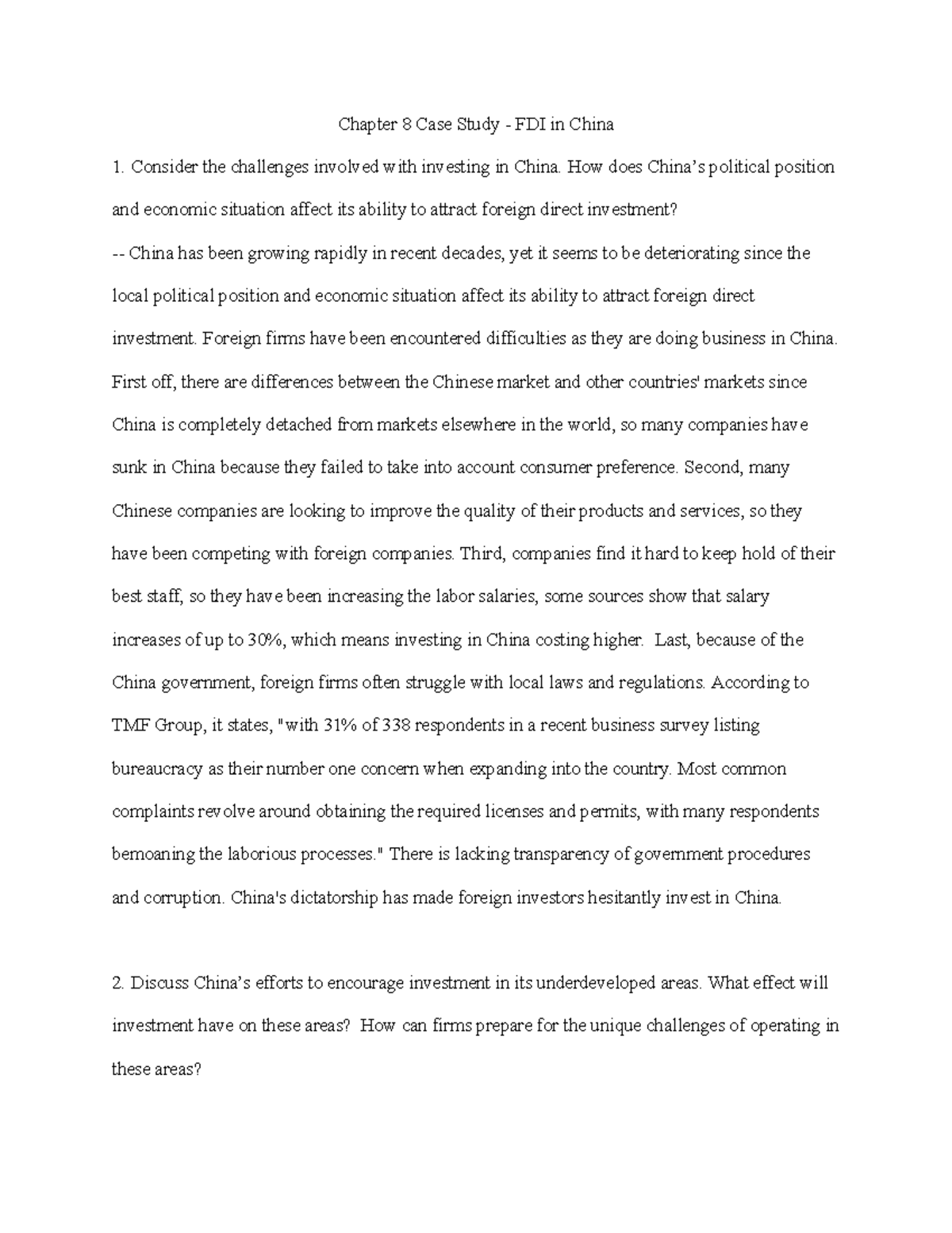 Chapter 8 Case Study - FDI in China - How does China’s political ...