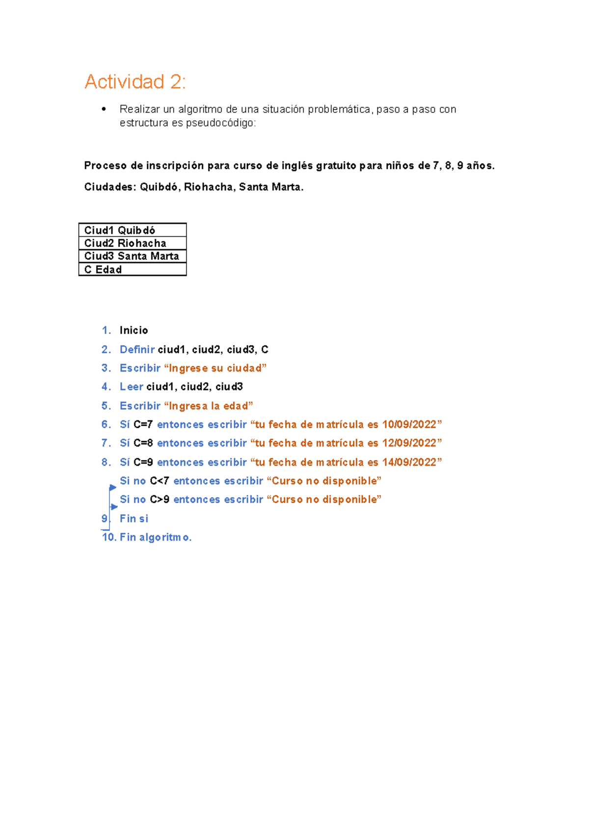 Algoritmo en pseudocódigo - Actividad 2: Realizar un algoritmo de una situación problemática ...