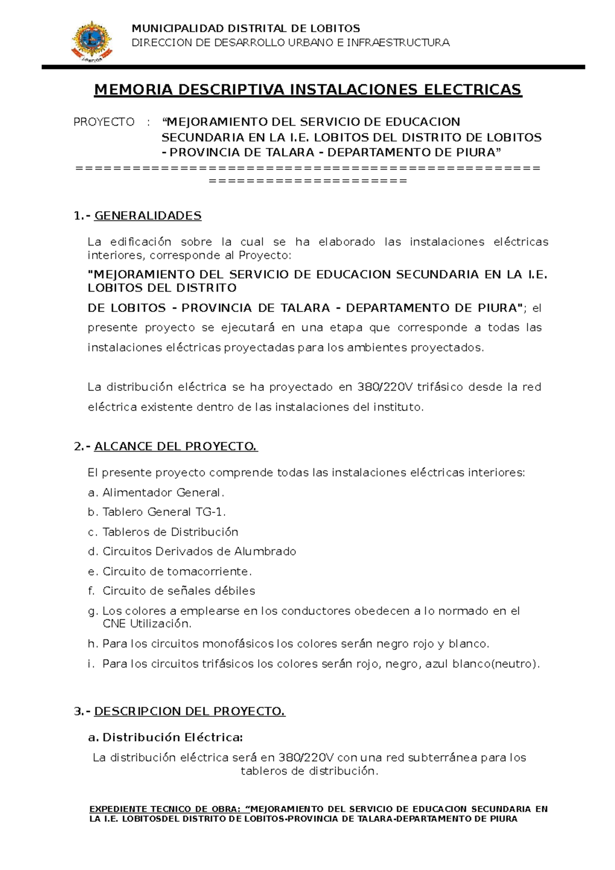 03. Memoria Descriptiva Instalaciones Electricas - MUNICIPALIDAD DISTRITAL DE LOBITOS DIRECCION ...