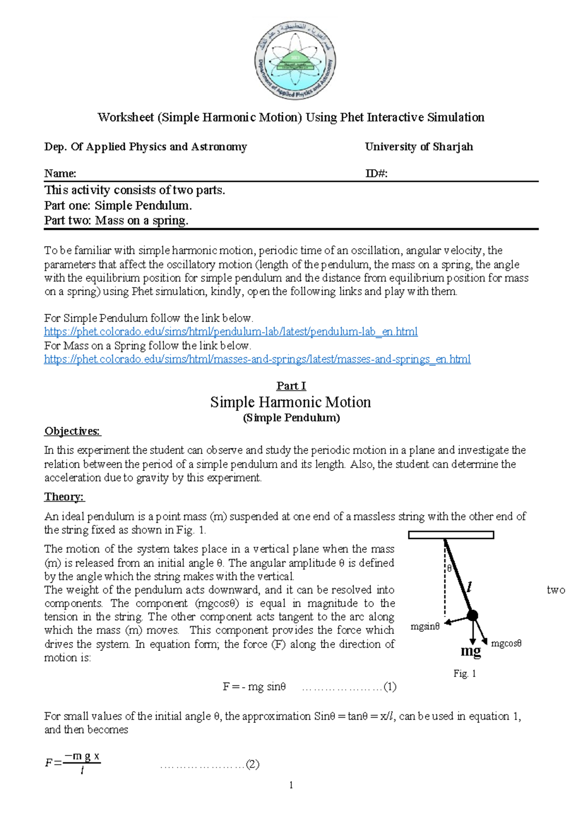 Simple harmonic motion (simple Pendulum Mass on a Spring) - Worksheet ...