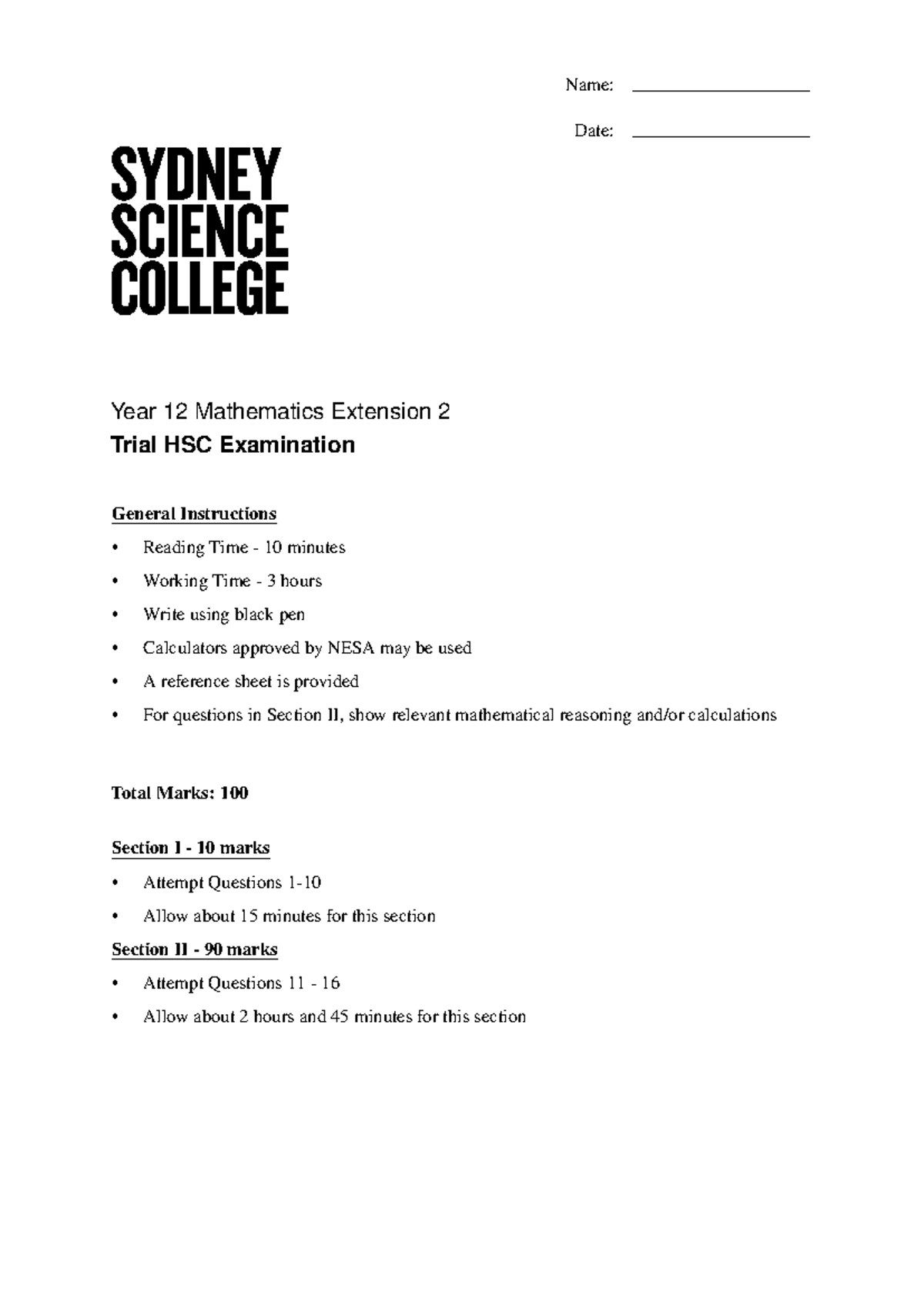 2023 Sydney Science College - X2 - Trial - Questions - name: date: Year ...