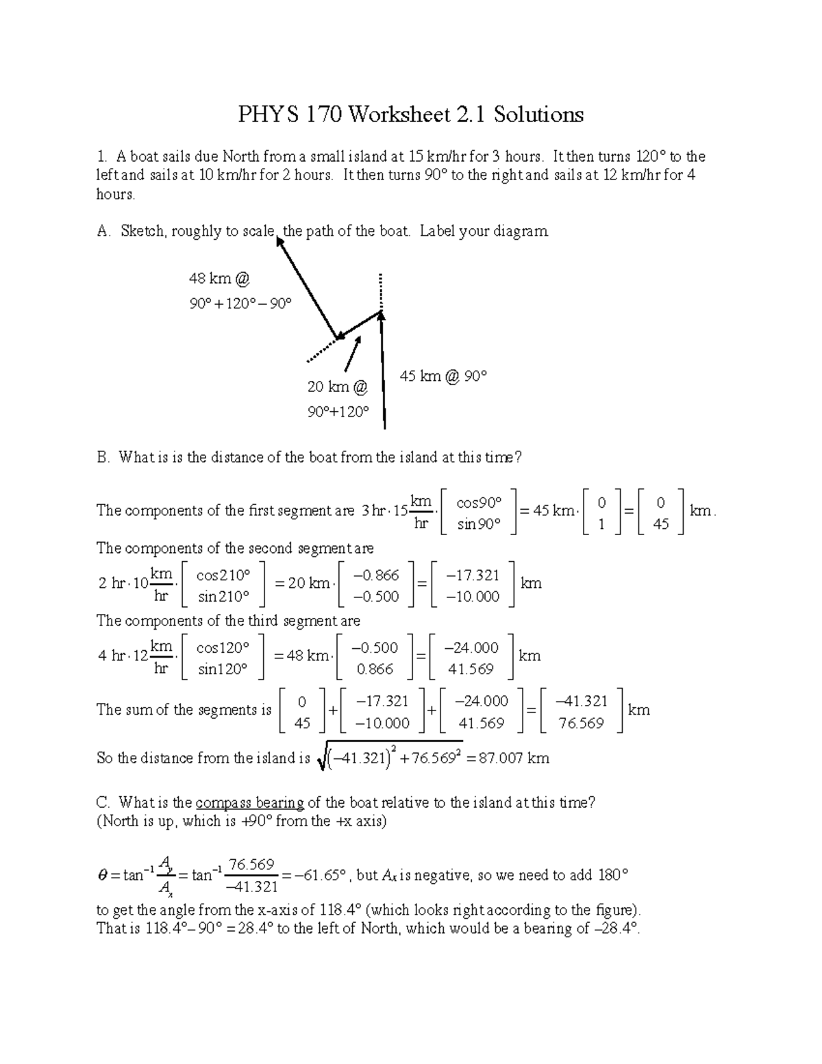 P170-w2 - solution - PHYS 170 Worksheet 2 Solutions A boat sails due ...