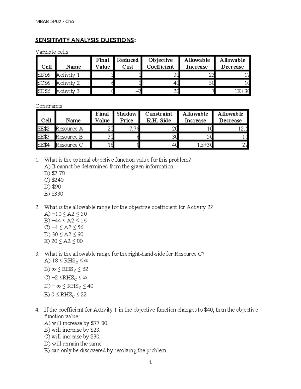 Senstivity Analysis Questions - MBAB 5P02 - Cho SENSITIVITY ANALYSIS ...