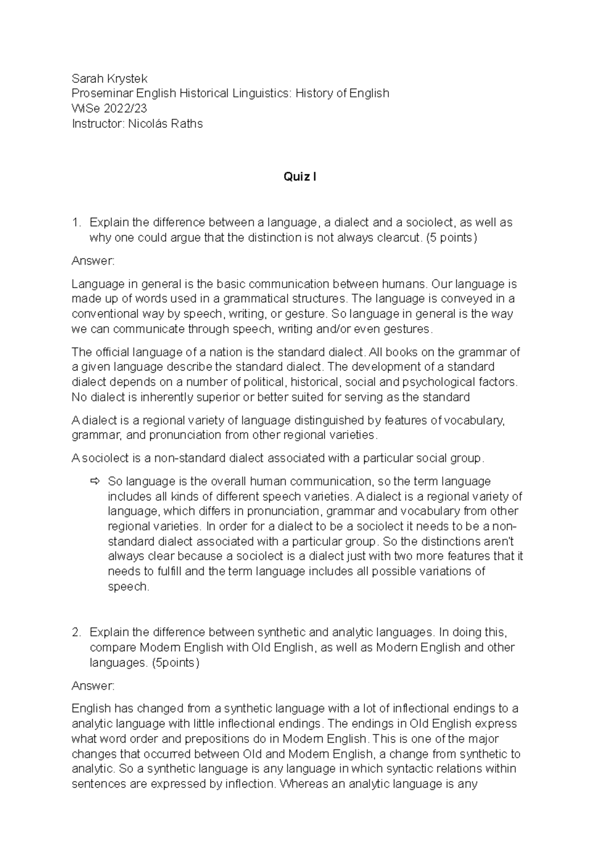 Quizz 1 - Answers funadametal Linguistic questions - English Historical ...