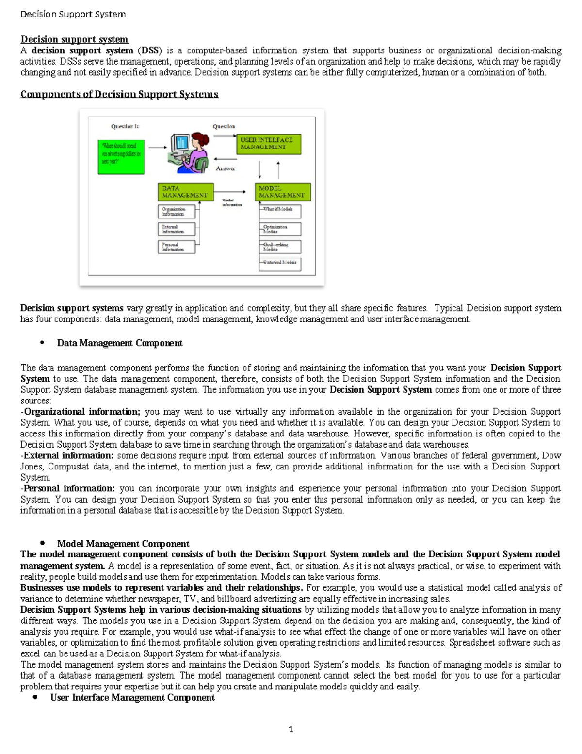 Unit5 DSS - Decision support system A decision support system (DSS) is ...