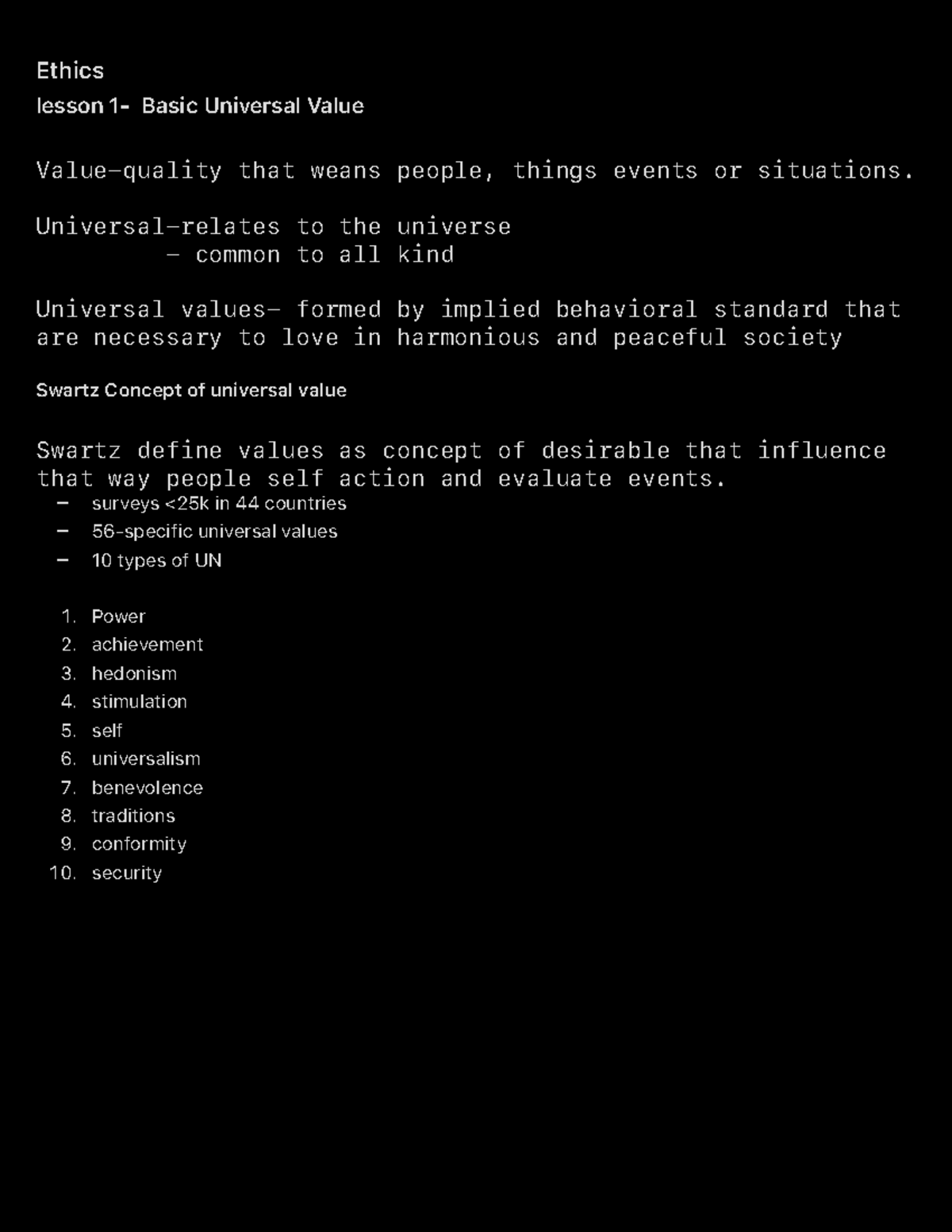 EthicsBasic Universal Value - – – – 1. 2. 3. 4. 5. 6. 7. 8. 9. 10 ...