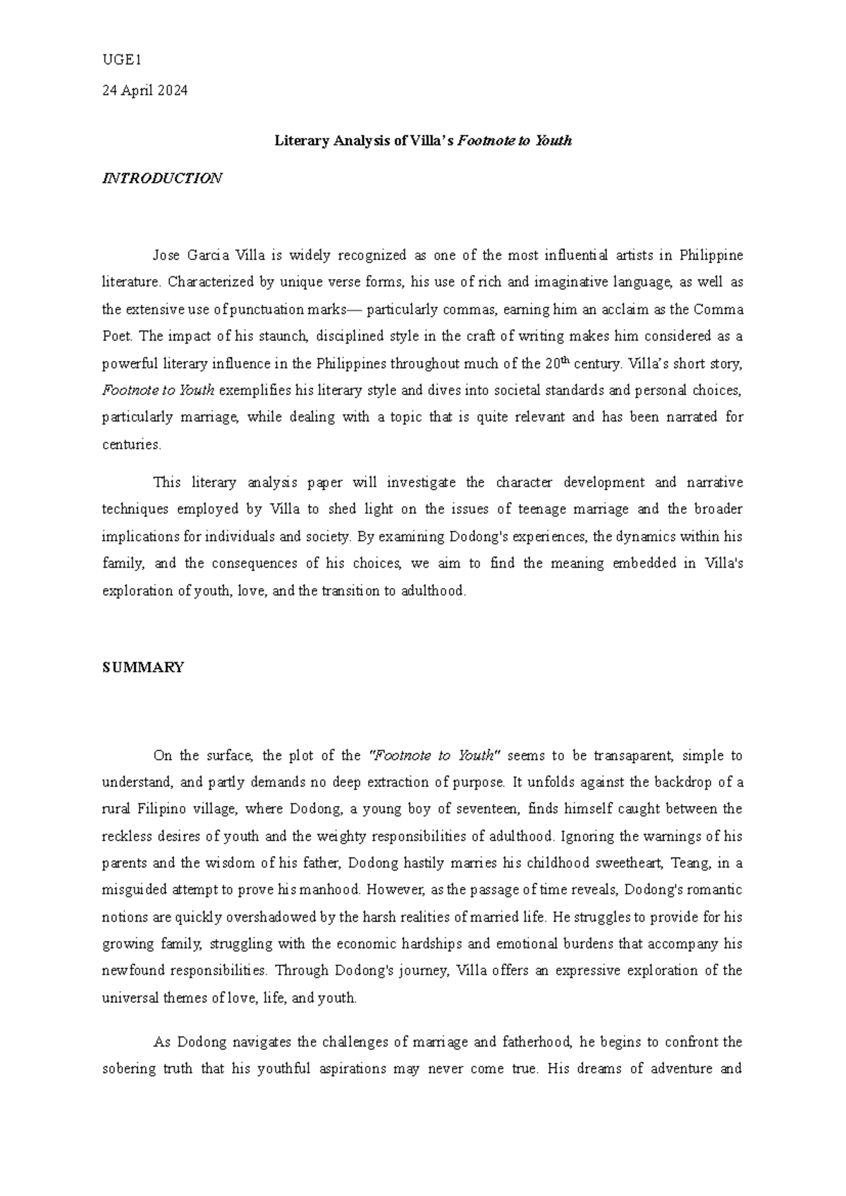 Literary-analysis-draft - UGE 24 April 2024 Literary Analysis of Villa ...