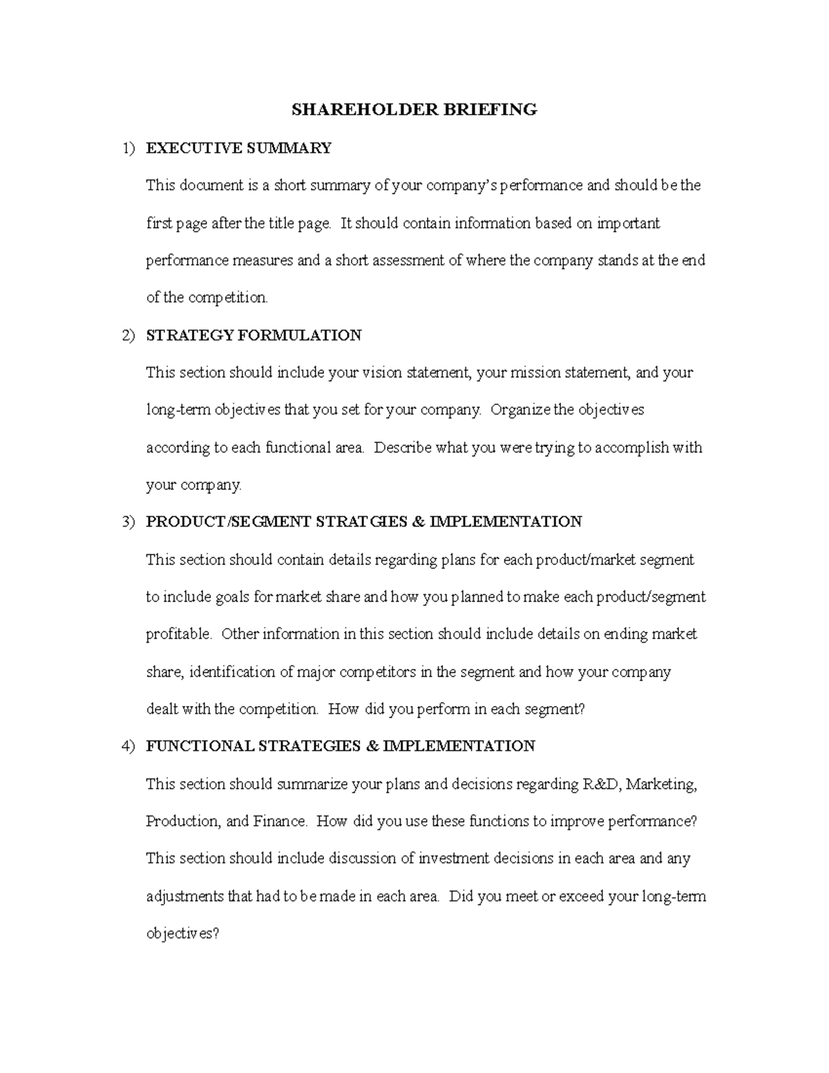 Format for Shareholder Report - SHAREHOLDER BRIEFING 1) EXECUTIVE ...