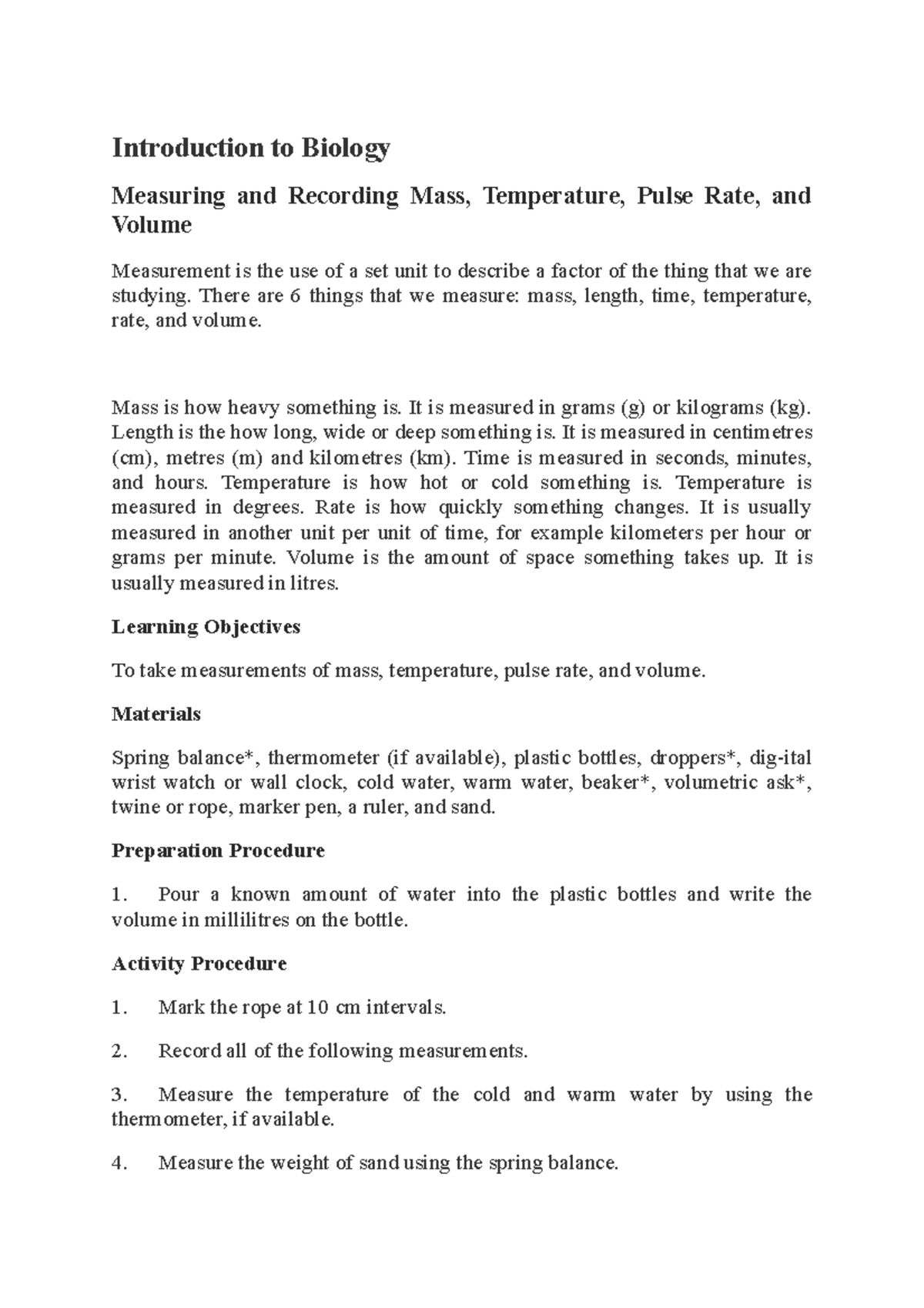 Introduction to Biology Measuring and Recording Mass, Temperature ...