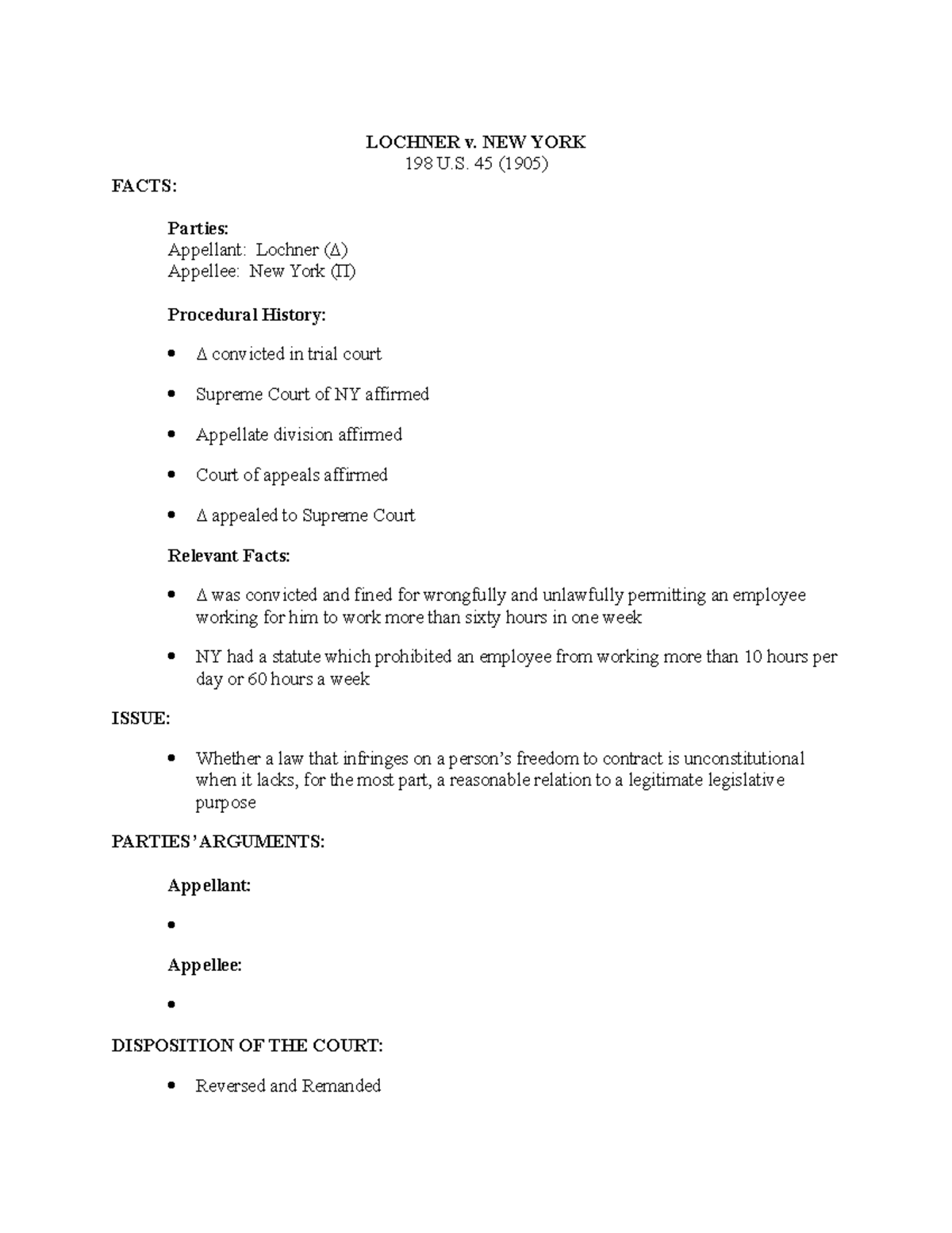 Lochner v. New York - Lecture notes 17 - LOCHNER v. NEW YORK 198 U. 45 ...