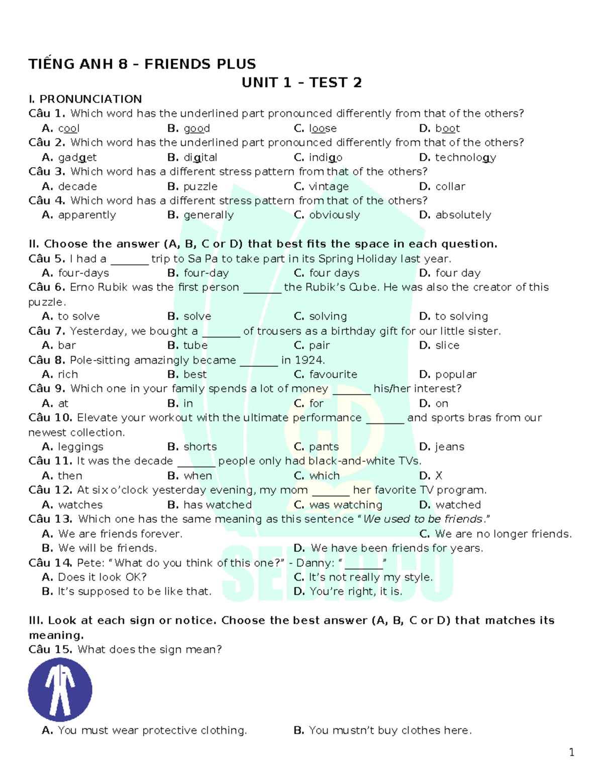 Tieng Anh 8 Friends Plus - Unit 1 - Test 2 - TIẾNG ANH 8 – FRIENDS PLUS ...