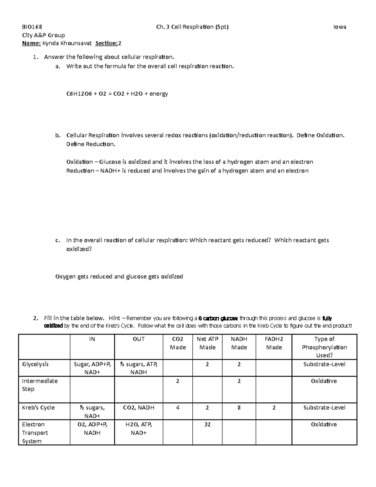 Ch 3 Cellular Respiration HW - BIO168 Ch. 3 Cell Respiration (5pt) Iowa ...