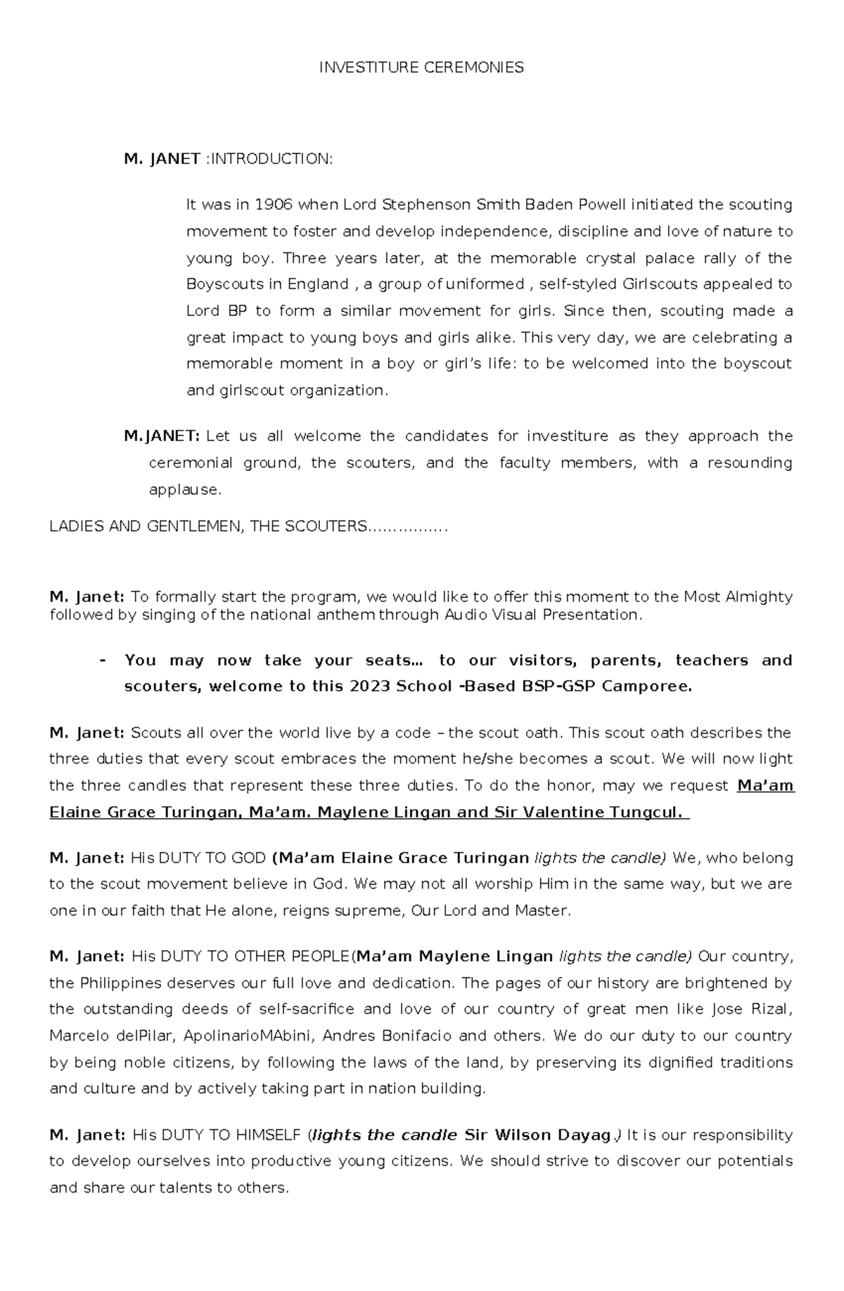 Girl-Scout-Investiture Script 2023 - INVESTITURE CEREMONIES M. JANET ...